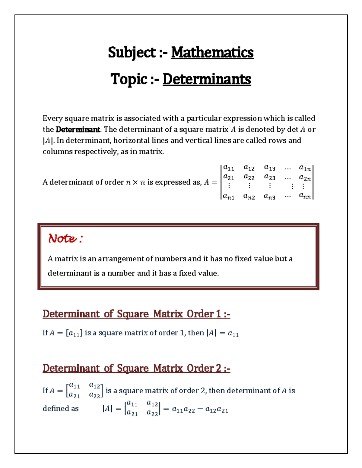 Determinant class notes - Subject :- Mathematics Topic :- Determinants ...