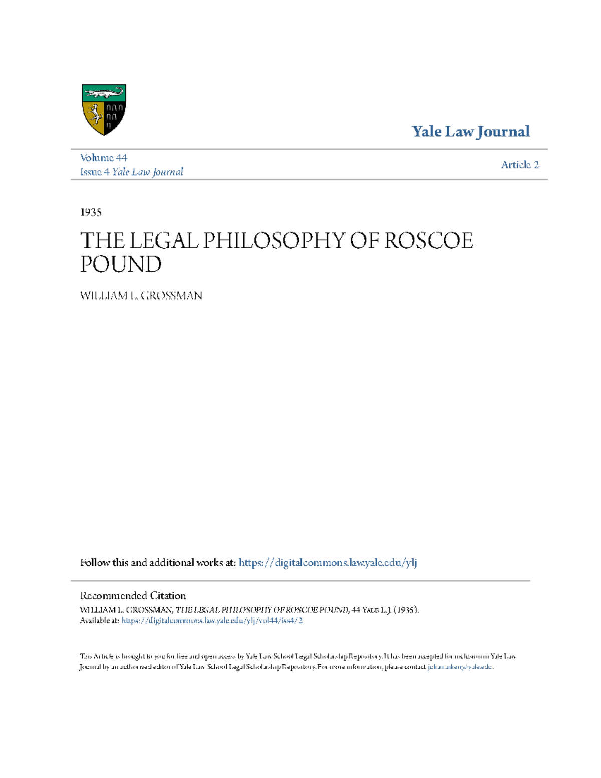 The Legal Philosophy of Roscoe Pound - Yale Law Journal Volume 44 Issue ...