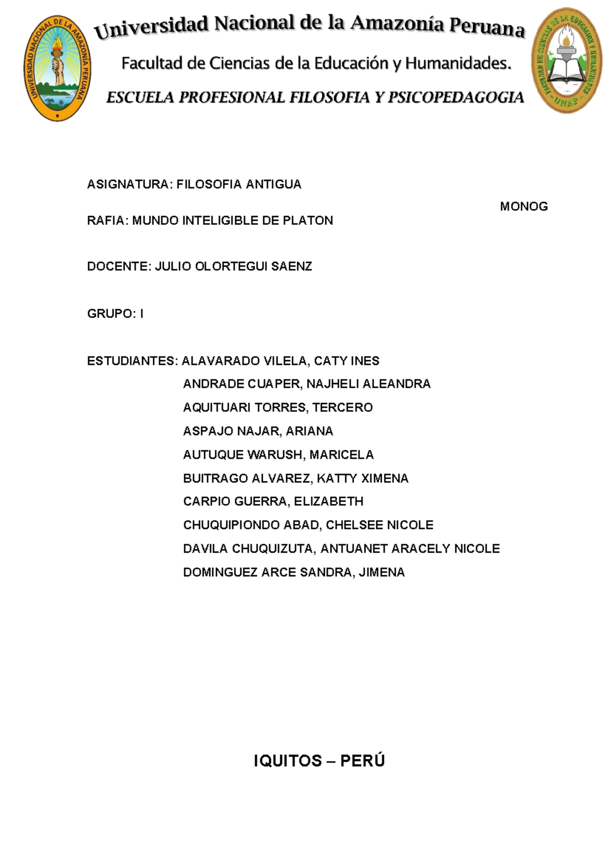 Monografia grupo 1 Mundo Inteligible DE Platon - ASIGNATURA: FILOSOFIA ...