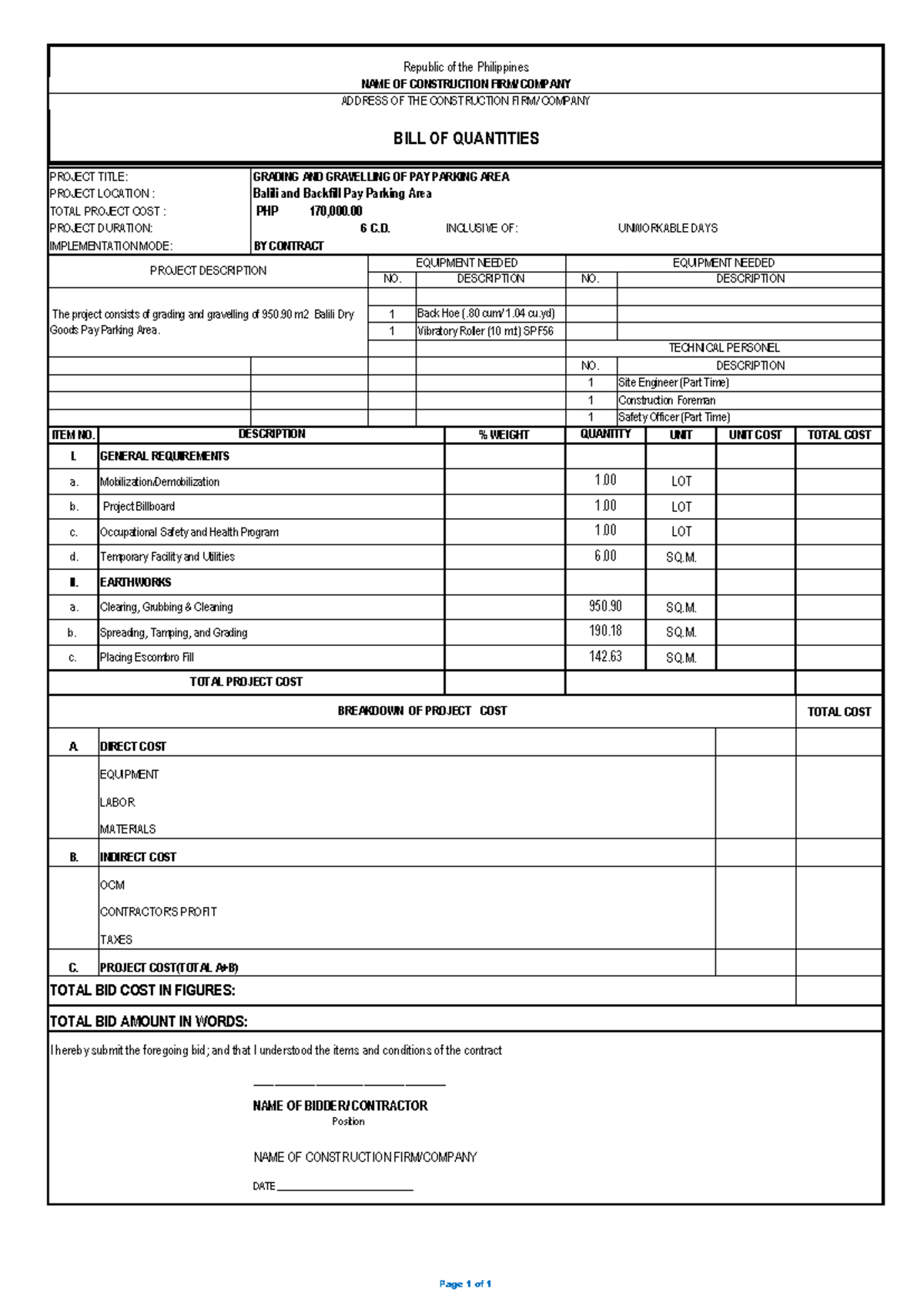 Bill of Quantities 0 - GRADING AND GRAVELLING OF PAY PARKING AREA PHP ...