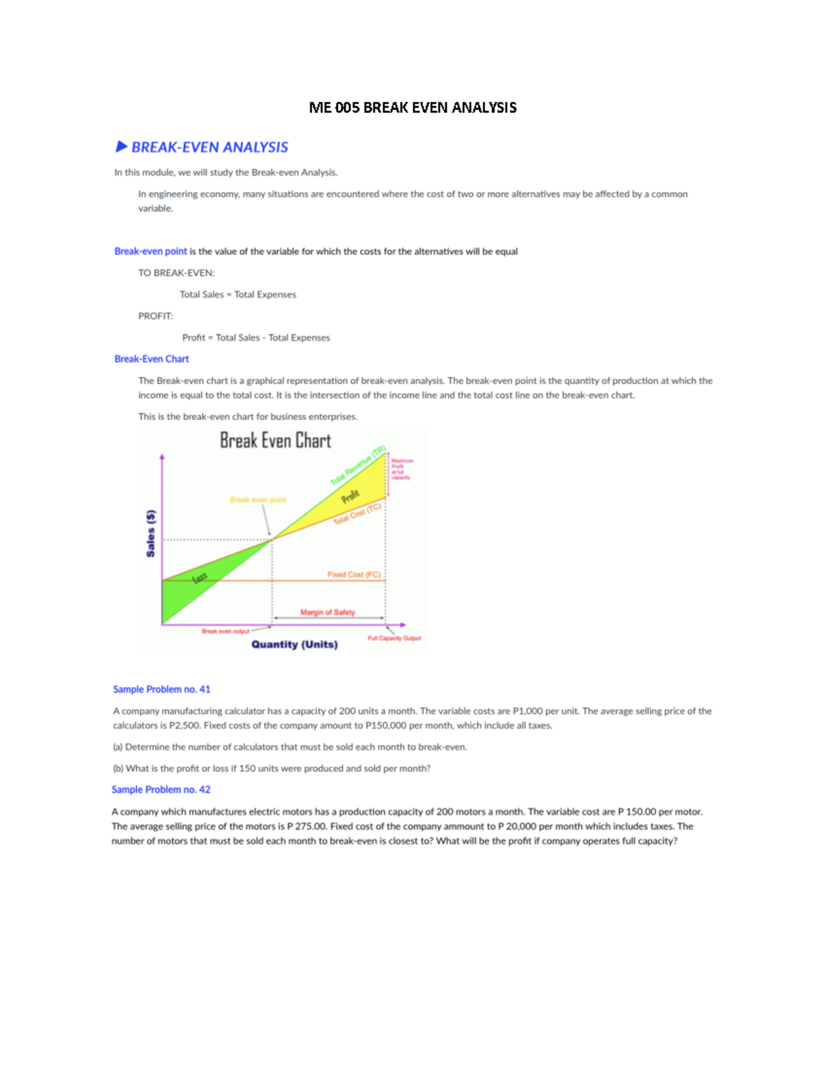 ME 005 Break EVEN Analysis - Engineering Economy - TIP - Studocu