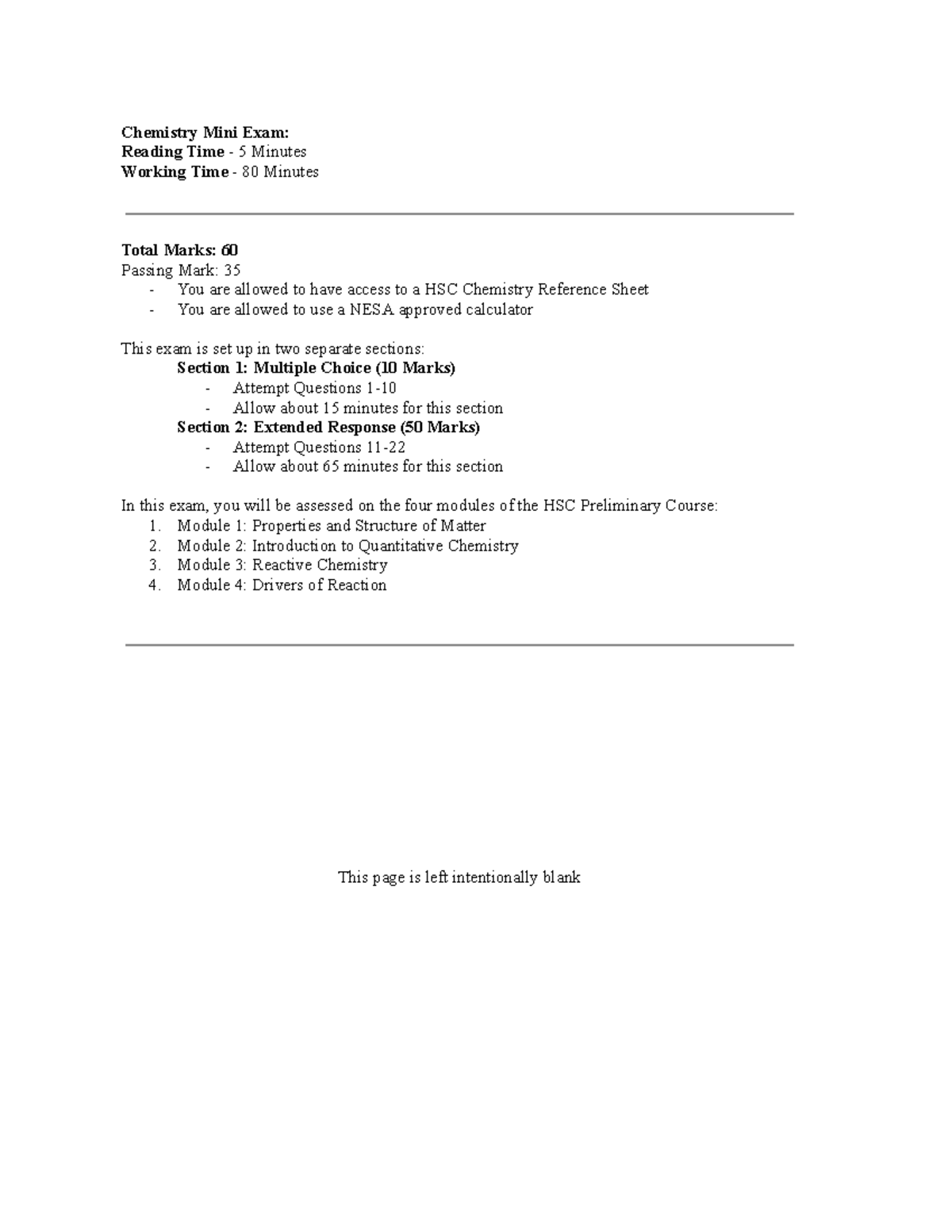 Chem mini exam y11 prelim - Chemistry Mini Exam: Reading Time - 5 ...