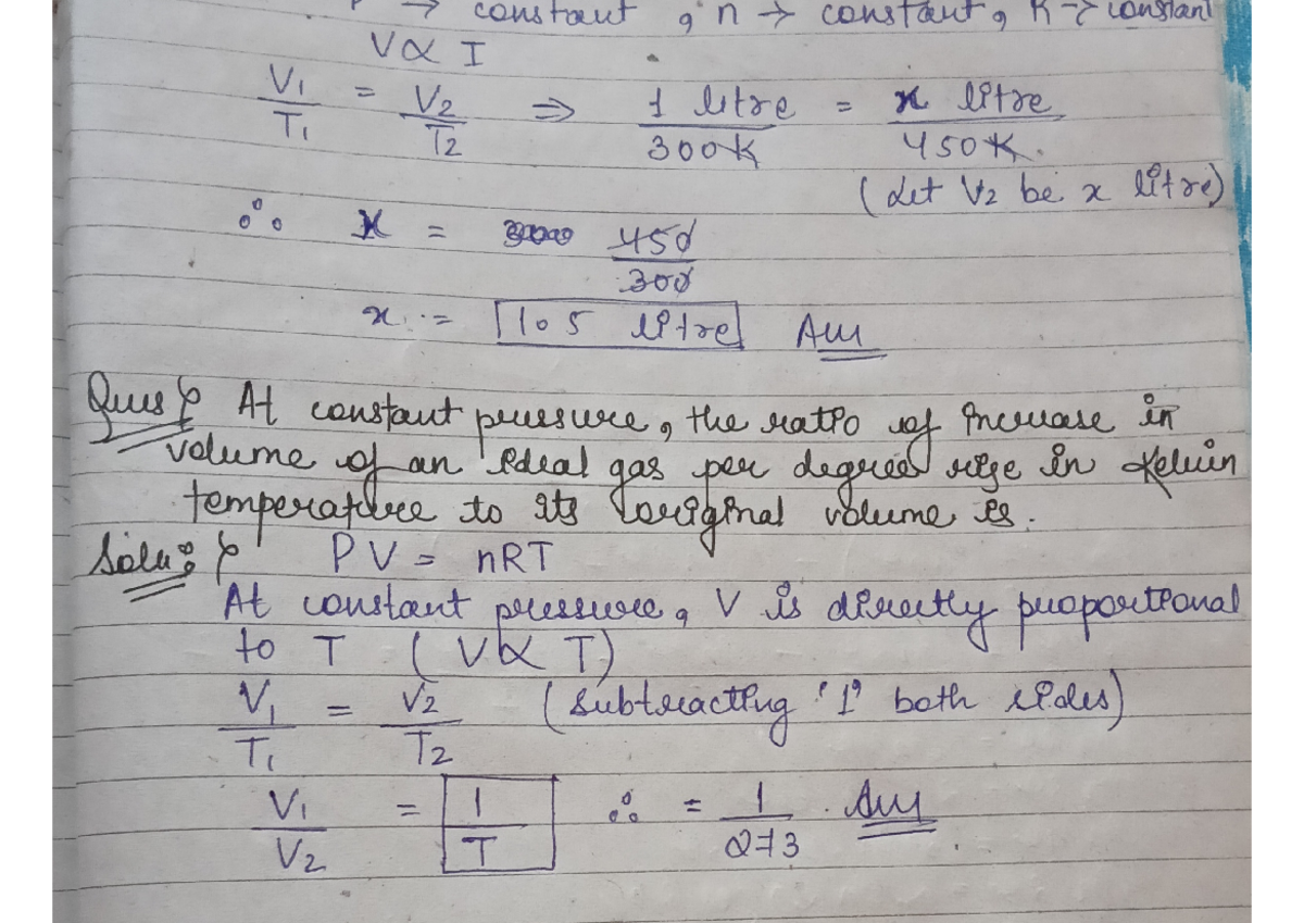 Solution - constant 9 n constant, constant VQ I Vi V2 1 litre x litre T, T2 300K 450 K (Let V2 ...
