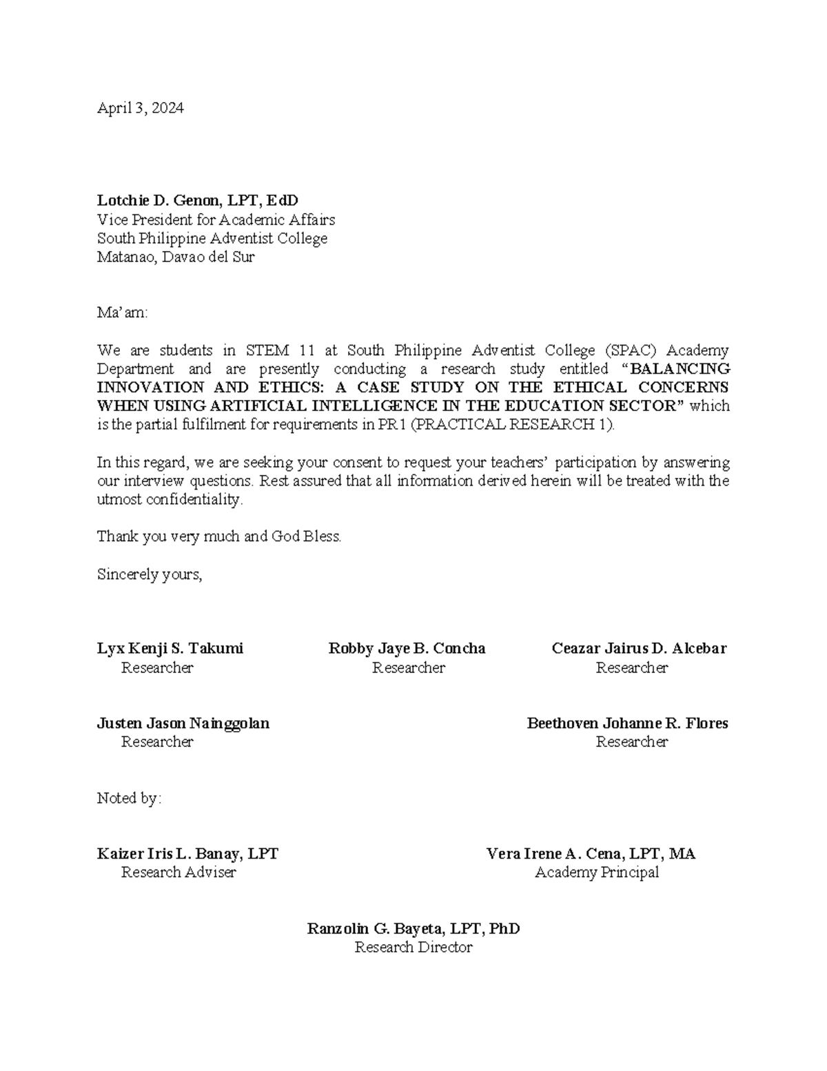 Sample-Letter (check) - April 3, 2024 Lotchie D. Genon, LPT, EdD Vice ...