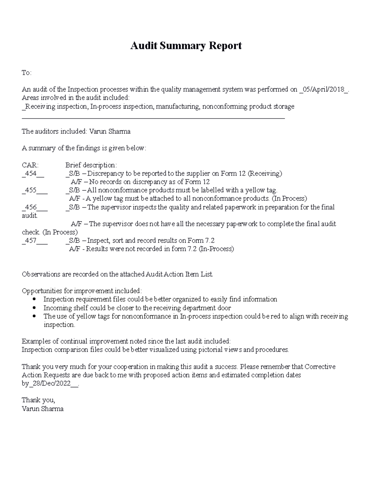 Previous Audit Summary Report v02 - Audit Summary Report To: An audit ...