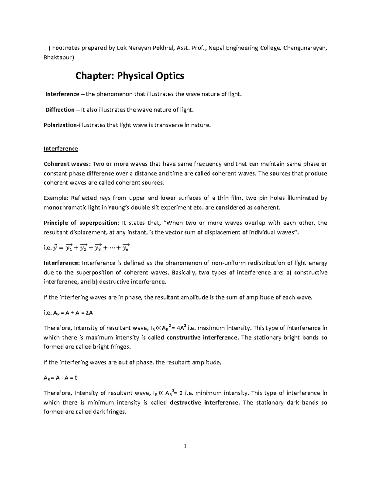 Physical Optics 2020 pdf LNP - ( Footnotes prepared by Lok Narayan ...