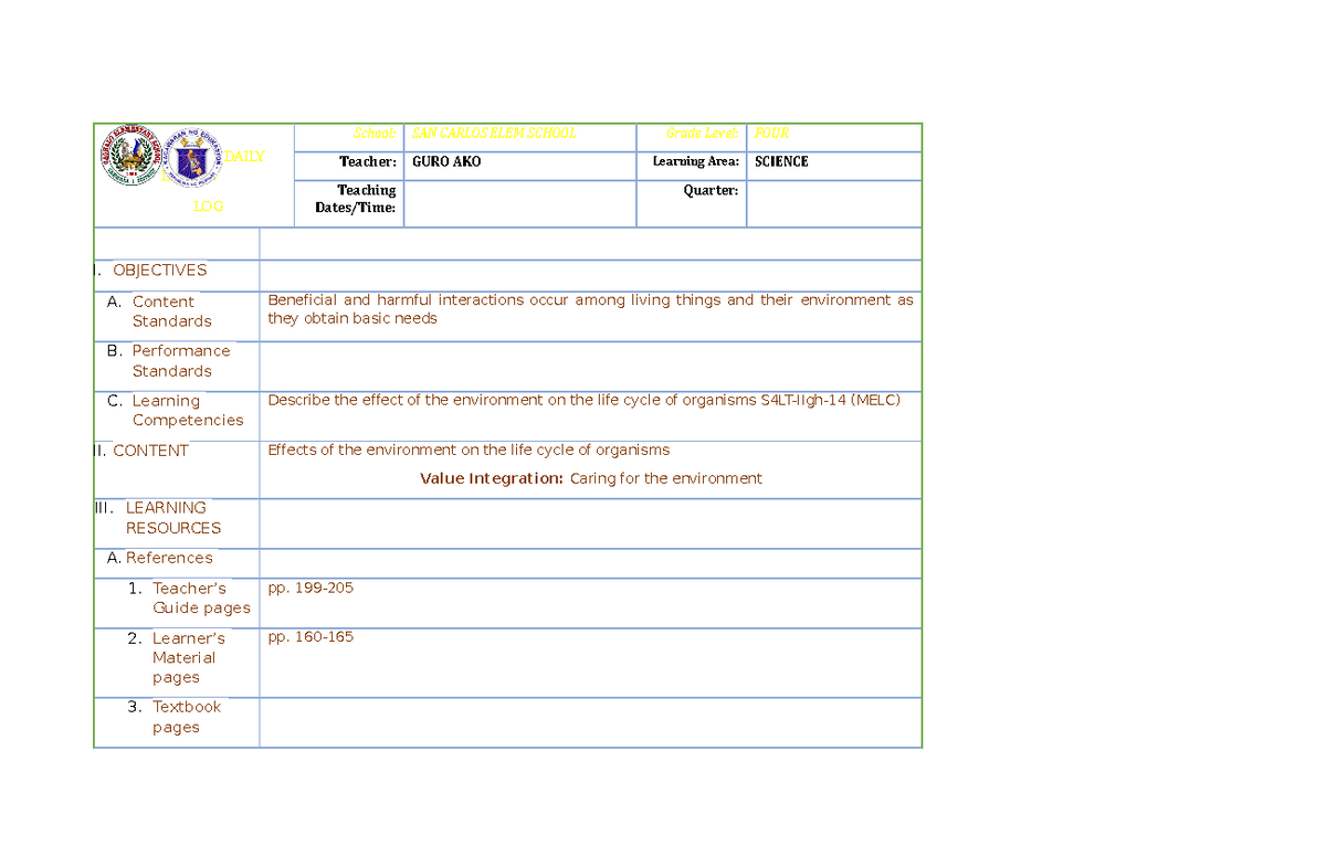 Science-4-COT Lesson PLAN11111 - DAILY LESSON LOG School: SAN CARLOS ...