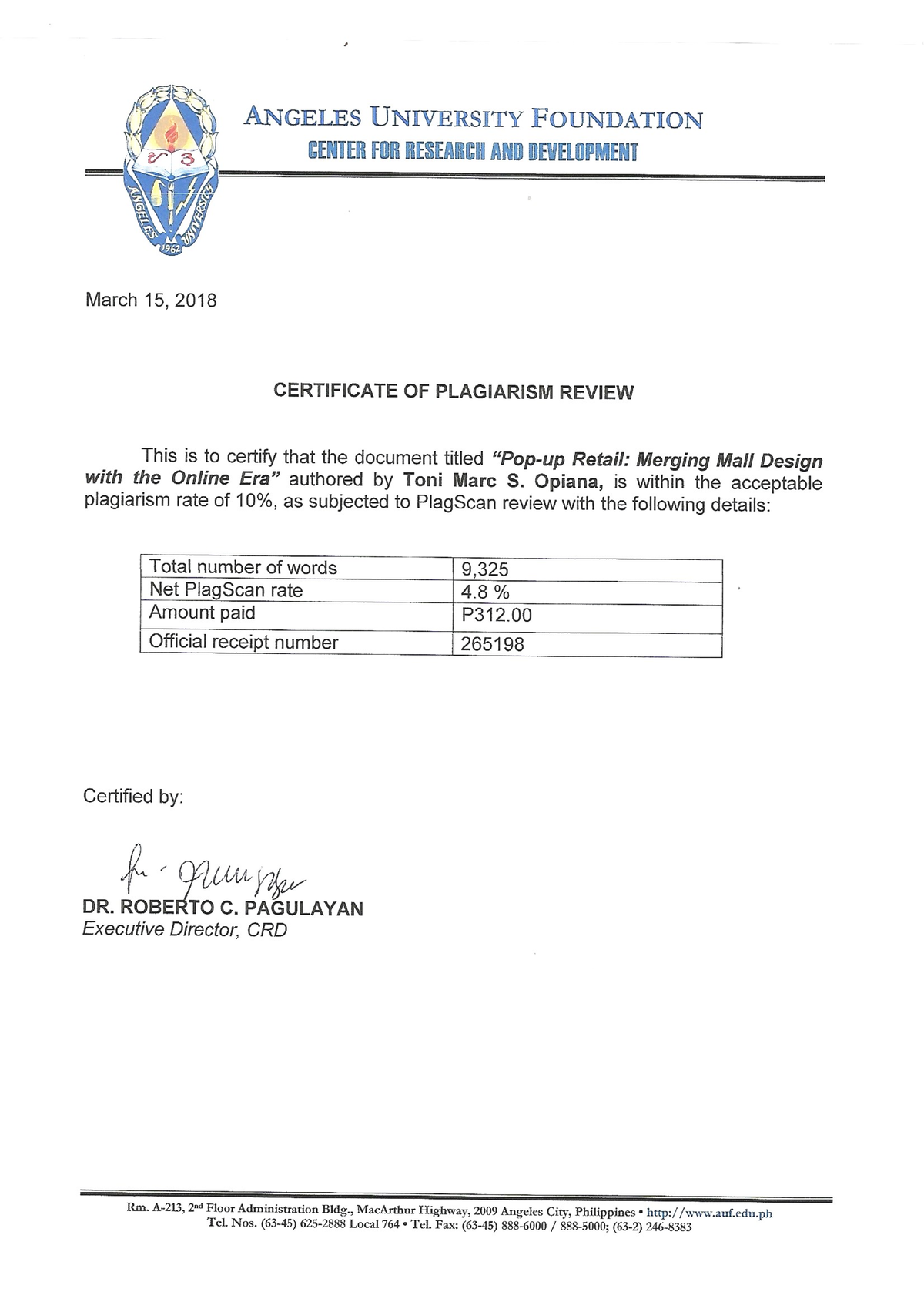 Plag Scan Certificate - In relevance to my Thesis - Bs Architecture ...