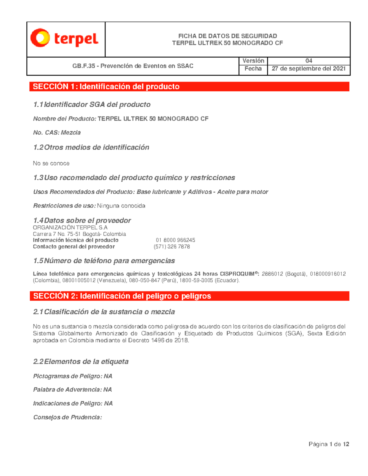 Lubricante monogrado para motores Ultrek 50 – Terpel - TERPEL ULTREK 50 ...