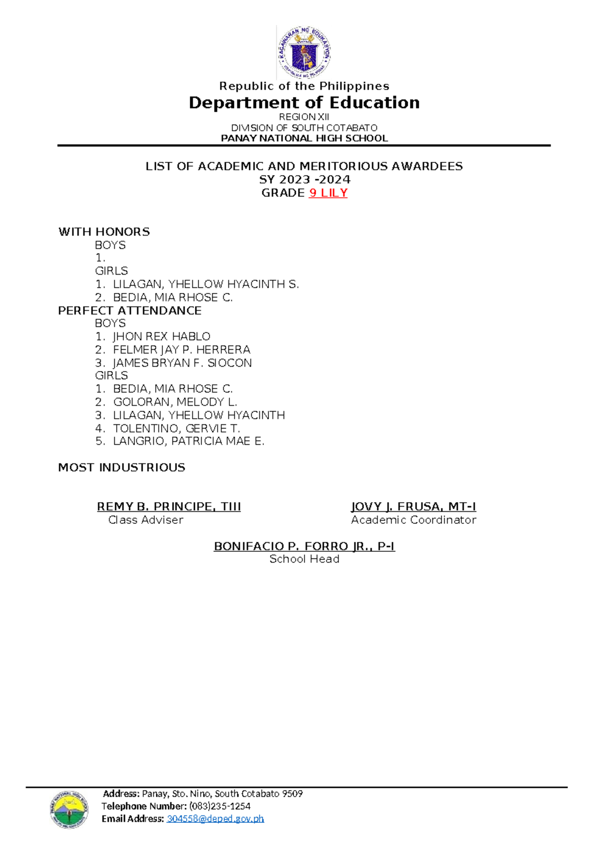 List of Awardees Template - Republic of the Philippines Department of ...