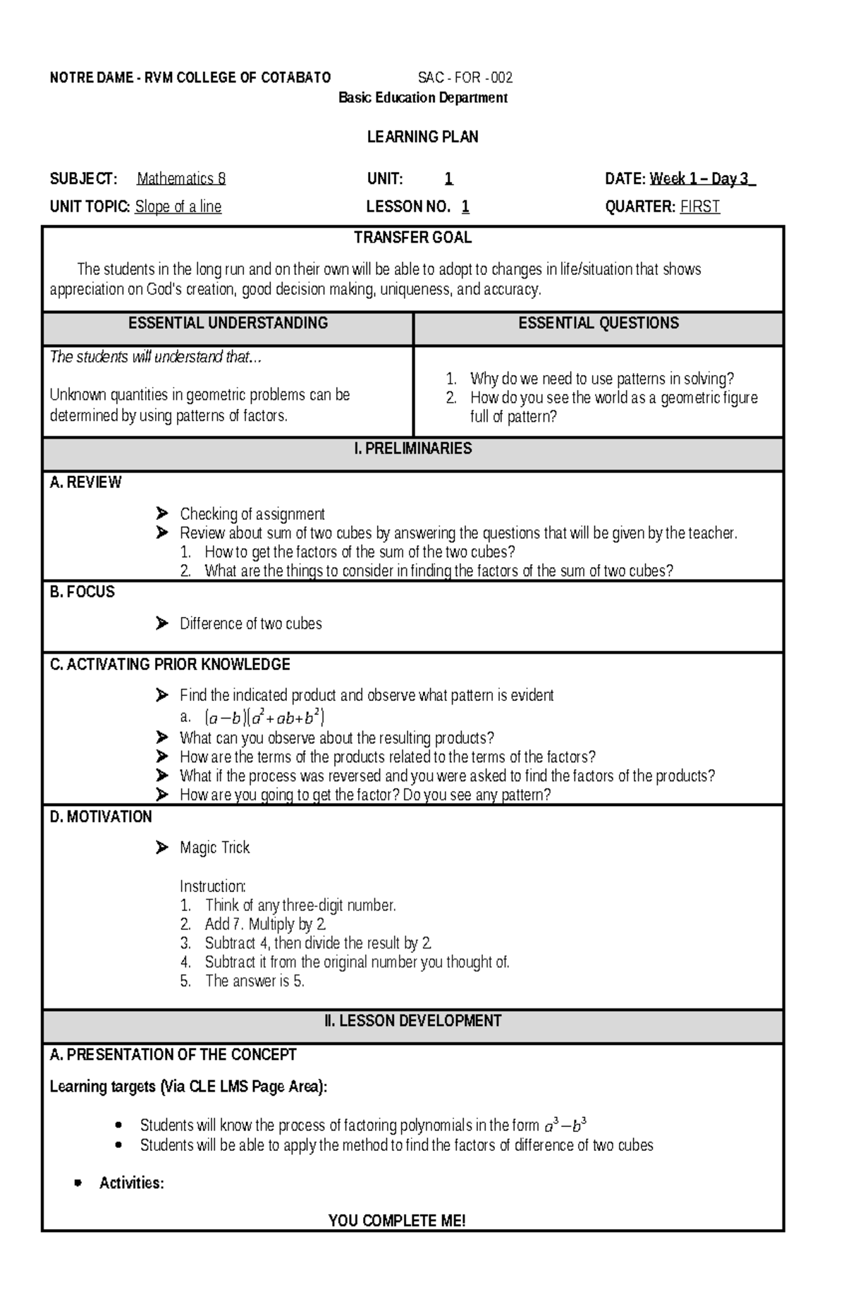 MATH 8 - Q1 - L4 - LESSON PLAN - NOTRE DAME - RVM COLLEGE OF COTABATO ...