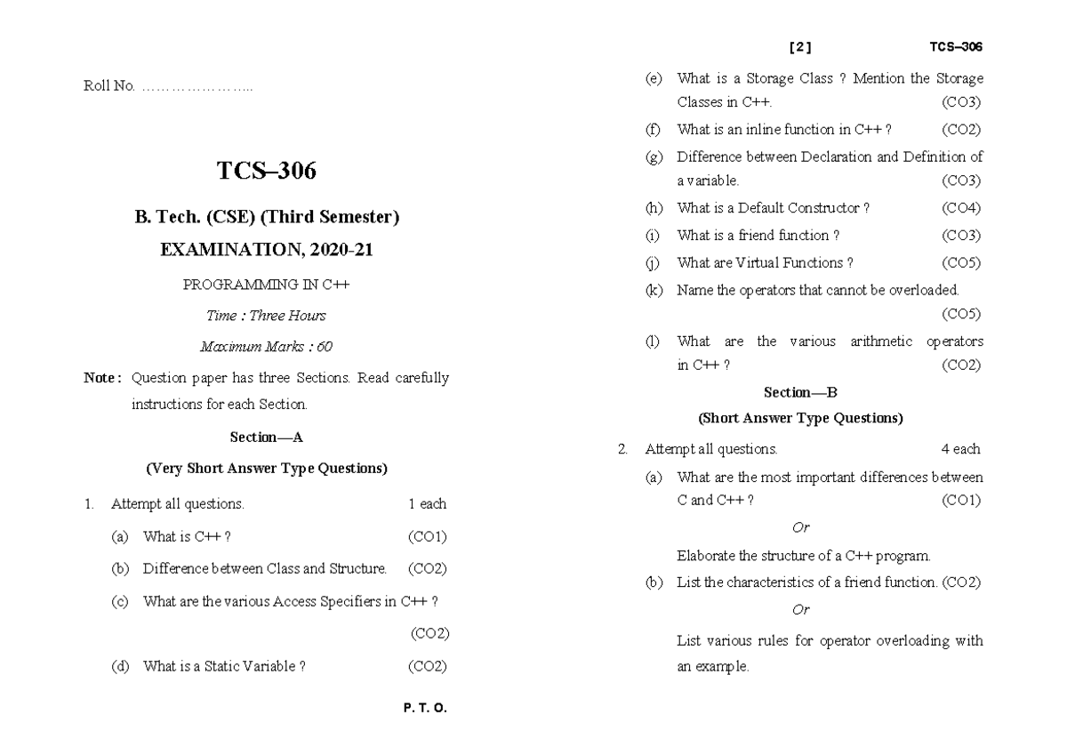 Programming Using C++ - okay - P. T. O. Roll No ...