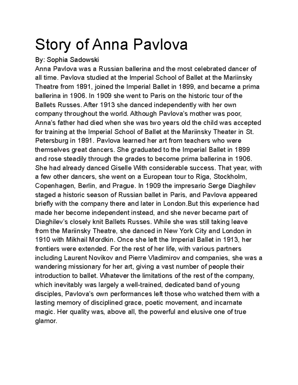 Anna Pavlova-2 - Anna pavlova essay - Story of Anna Pavlova By: Sophia ...