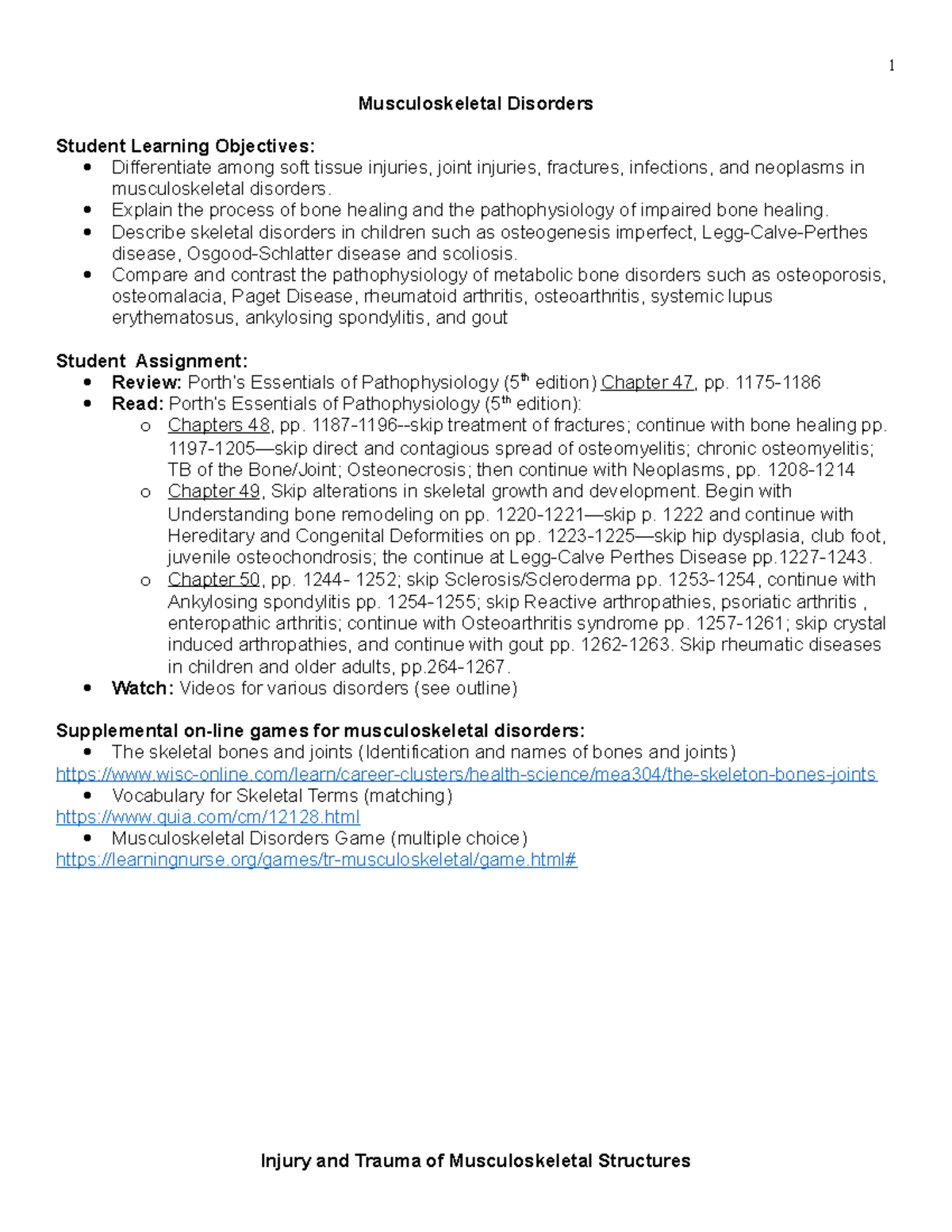 Student Musculoskeletal Outline - Musculoskeletal Disorders Student ...
