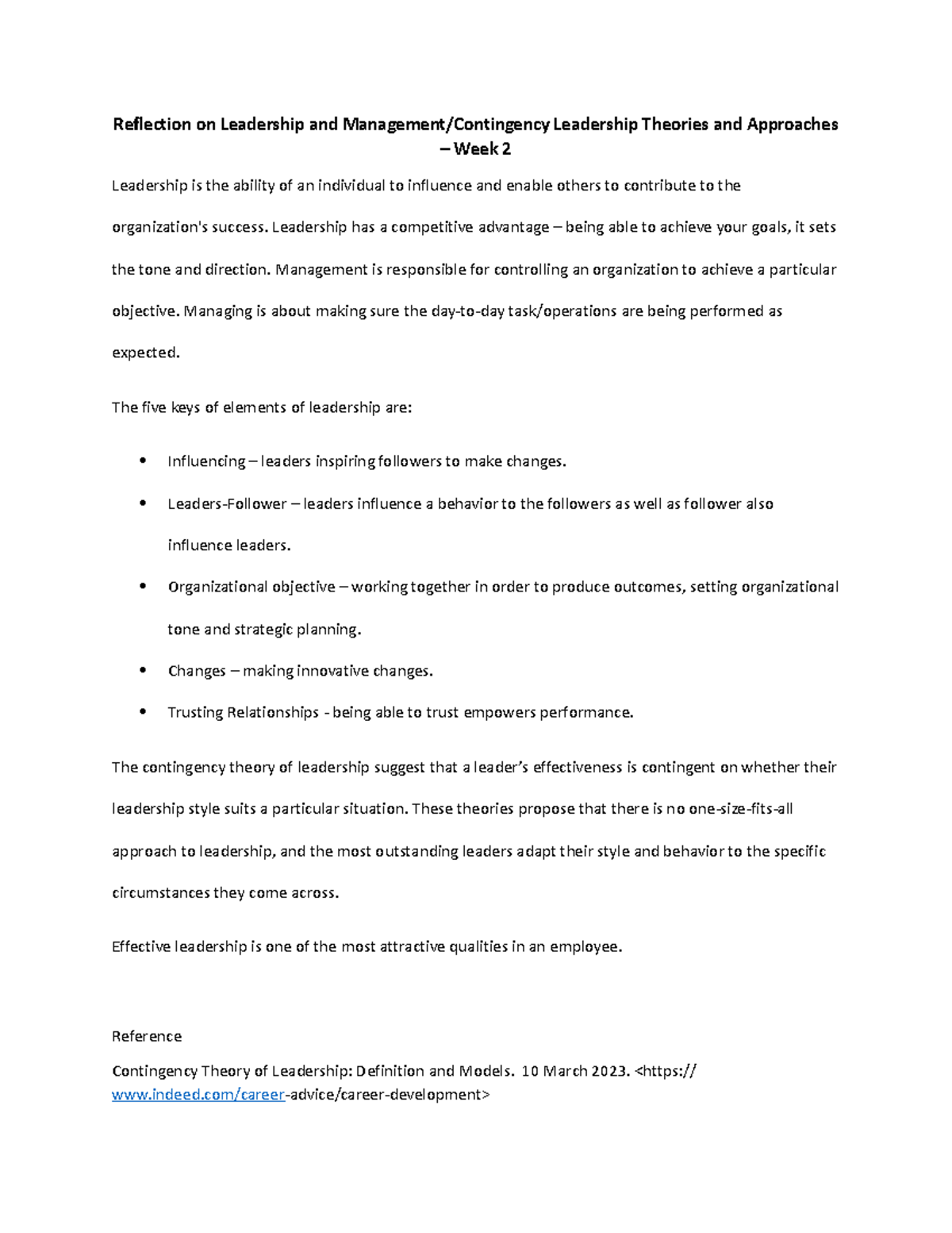 Reflection Week 2 - Reflection on Leadership and Management/Contingency ...