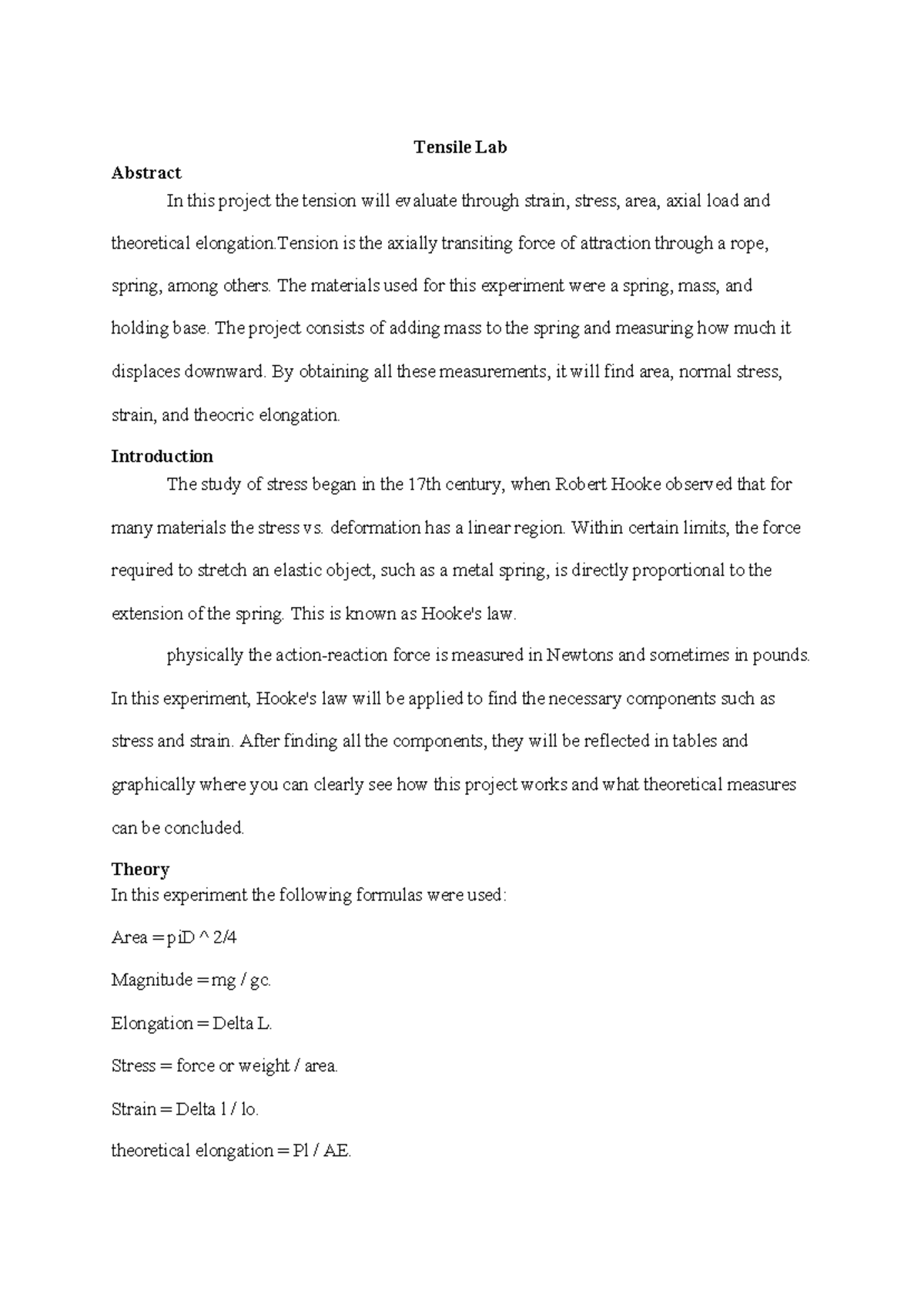 Tension Project without name - Tensile Lab Abstract In this project the ...