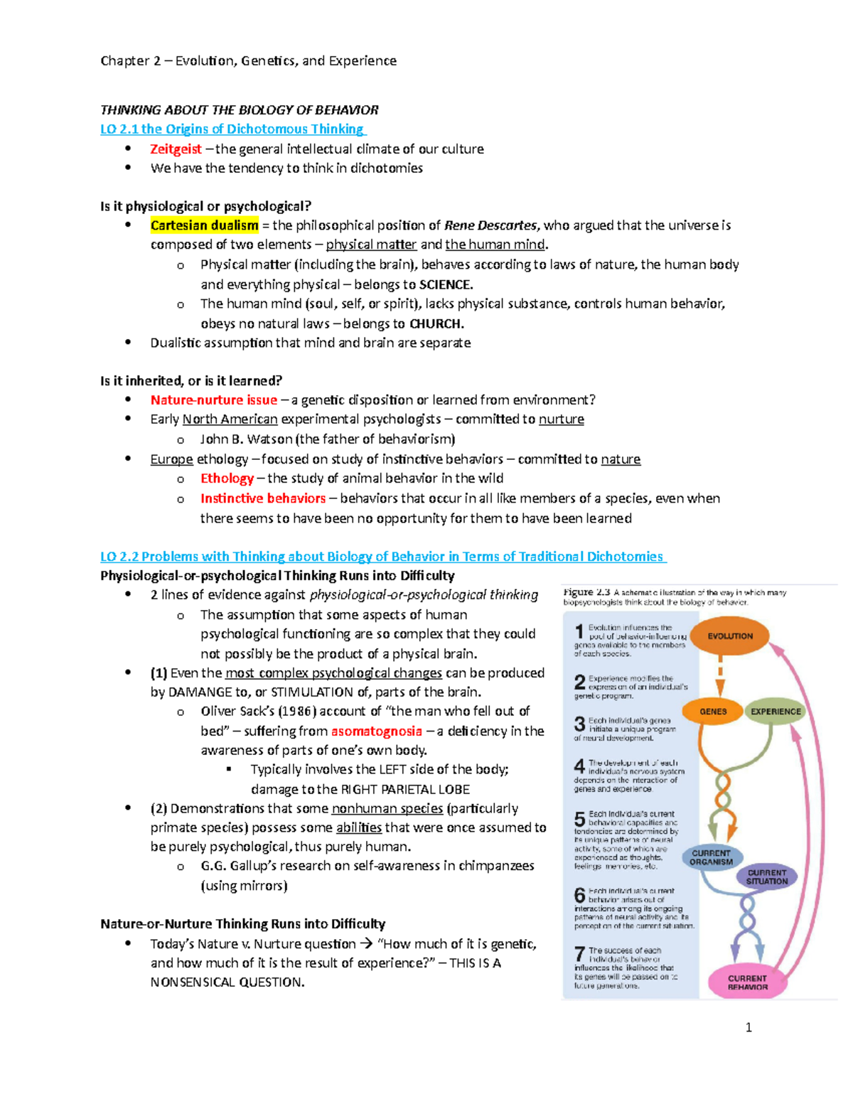 Ch. 2 - Evolution, Genetics, and Experience - o Physical matter ...