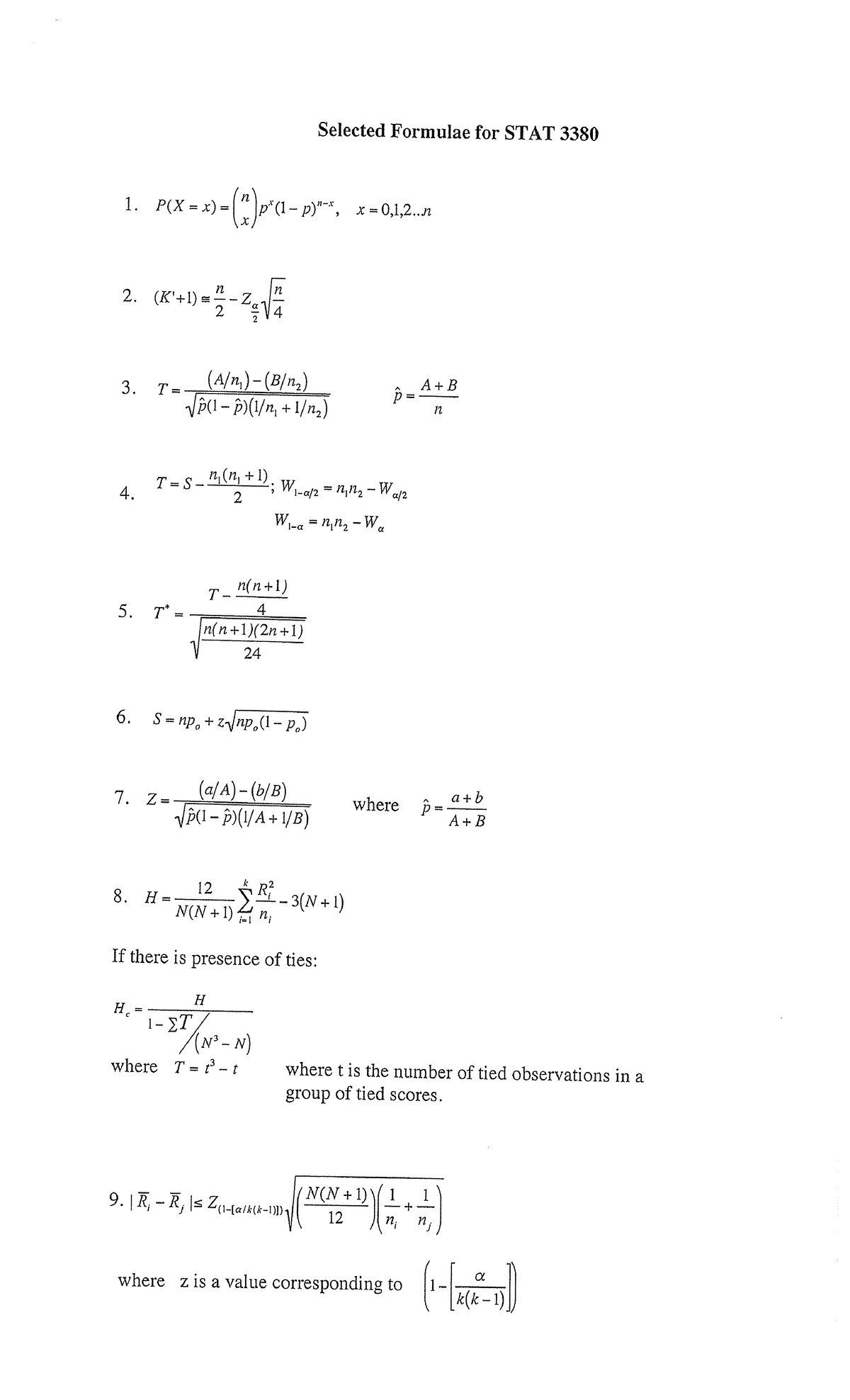 STAT 3380 Selected Formulas - STAT 3380 - Studocu