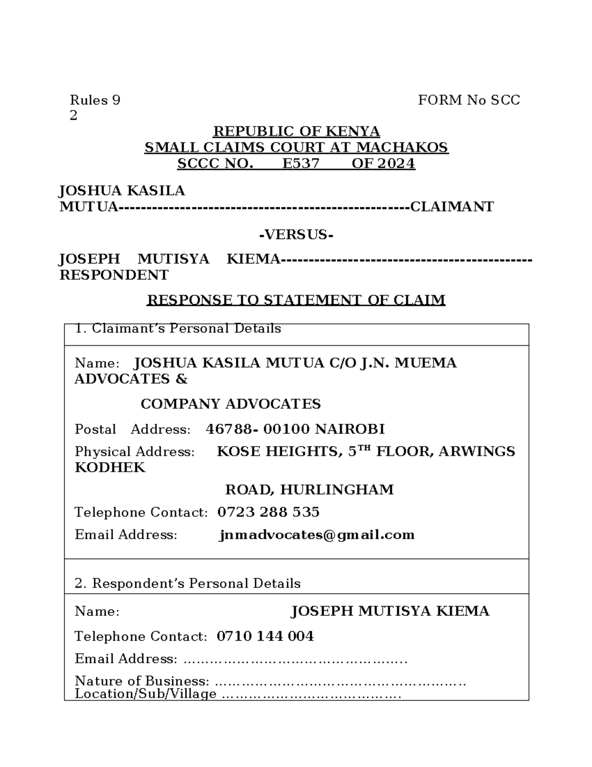 SCC Response to Statement of Claim - Rules 9 FORM No SCC 2 REPUBLIC OF ...