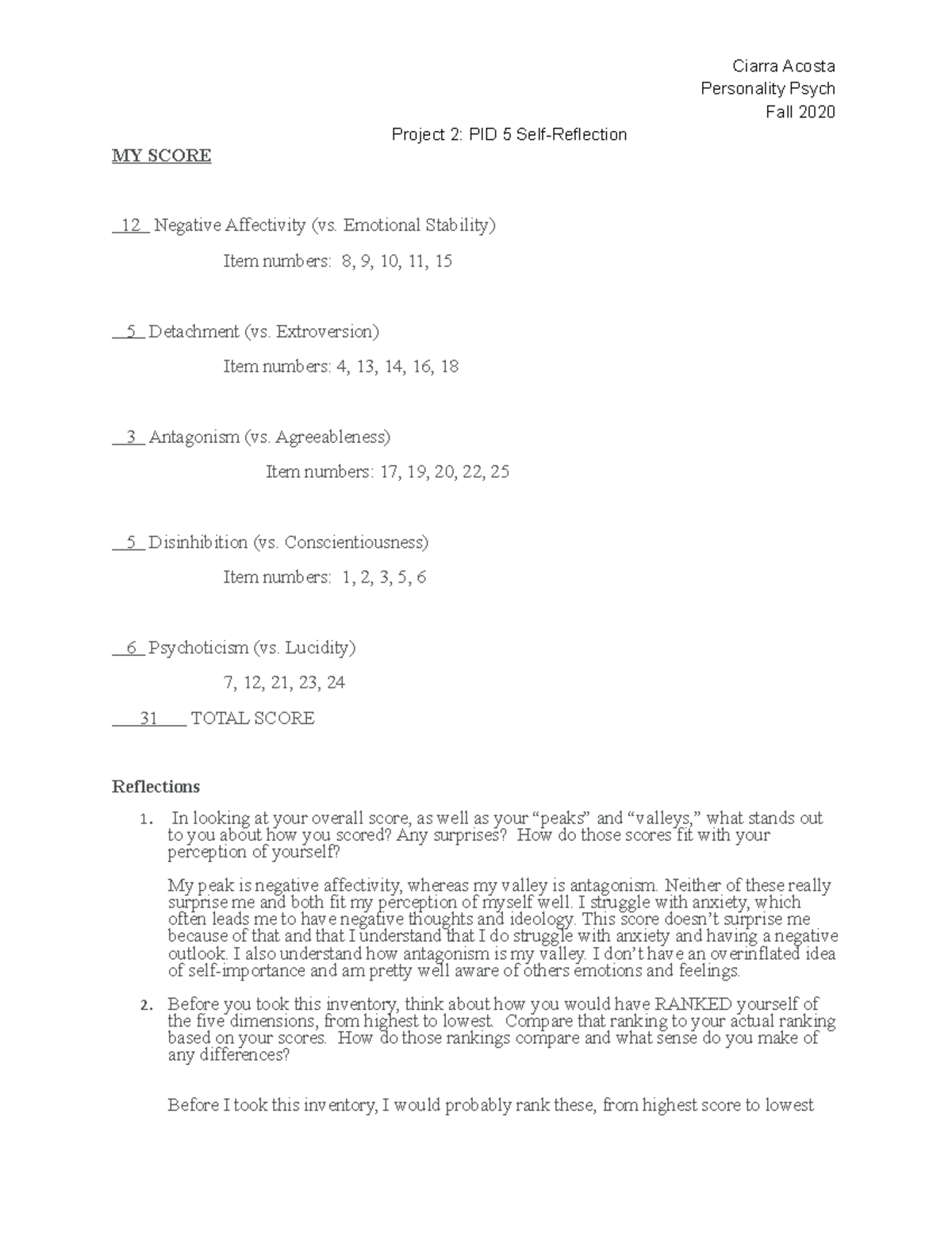 Project 2 Personality Psych - Ciarra Acosta Personality Psych Fall 2020 ...