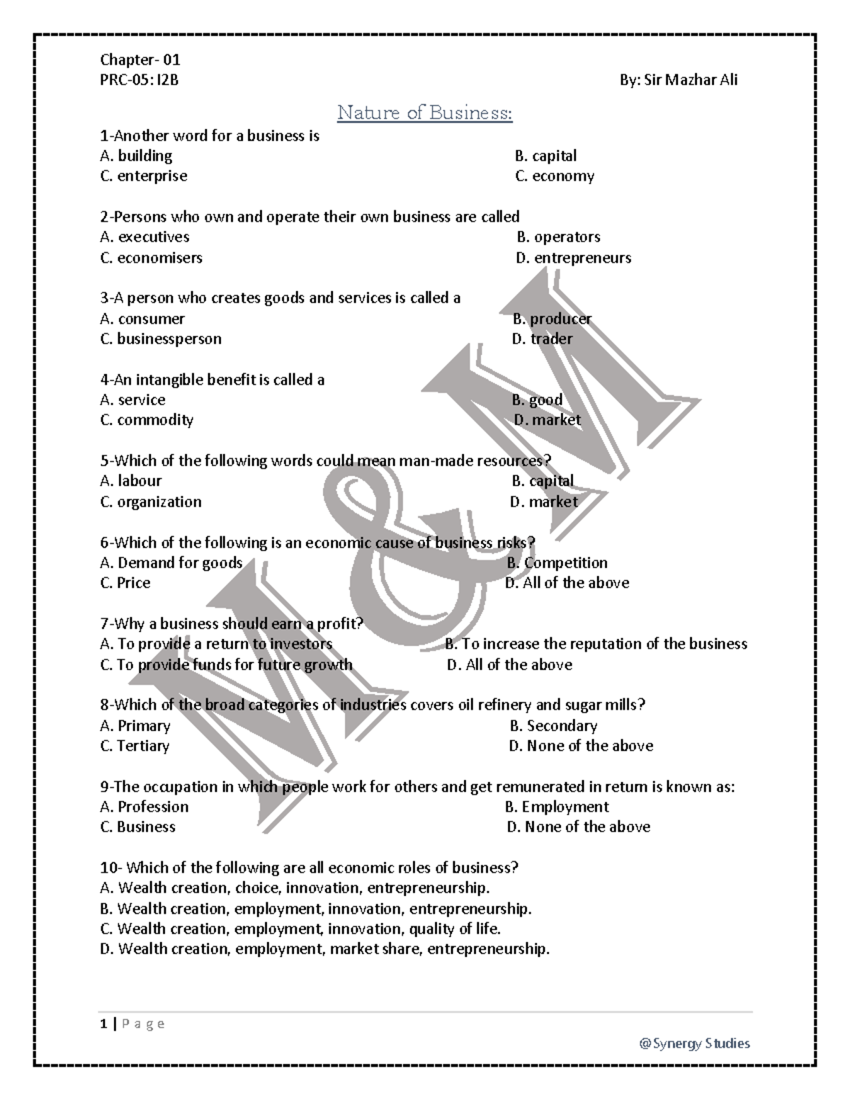 Chapter 1,Nature of Business without answers - PRC-05: I2B By: Sir ...