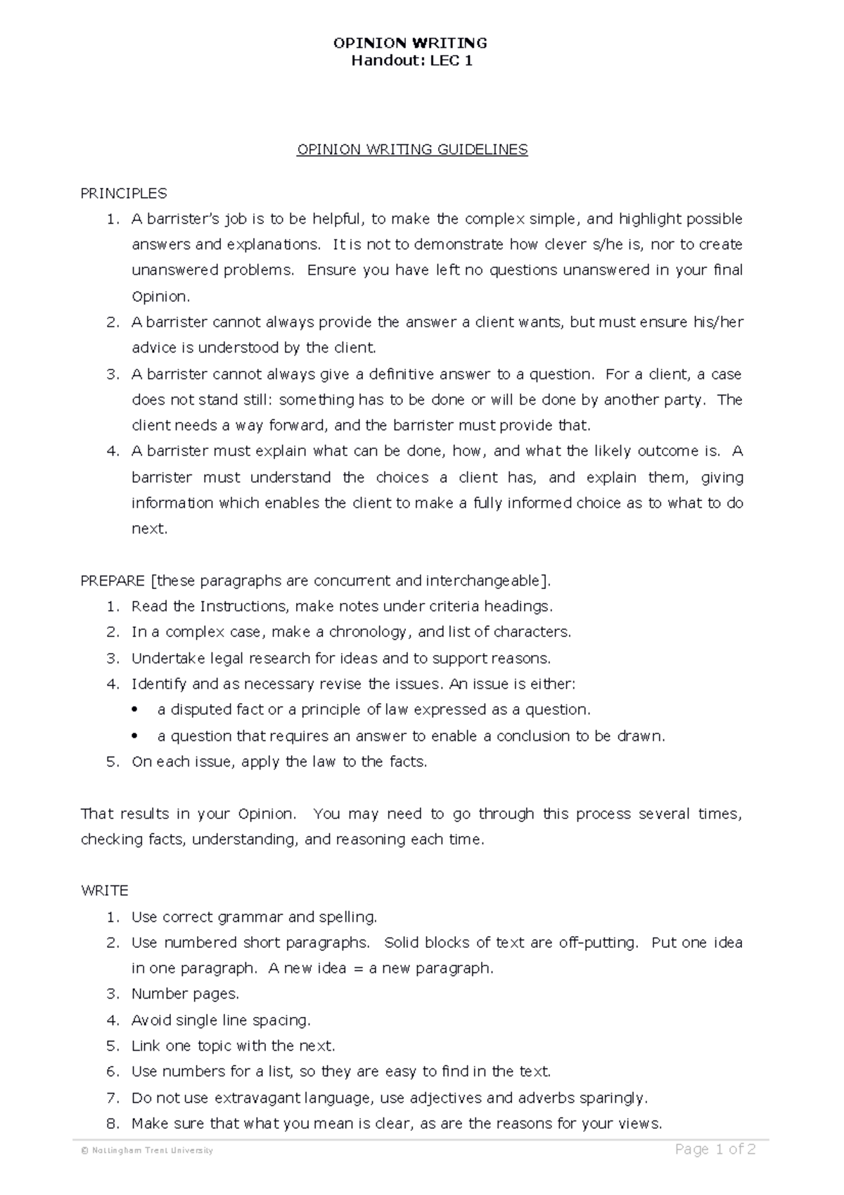 Student Handout - Guidelines for Writing an Opinion - OPINION WRITING ...
