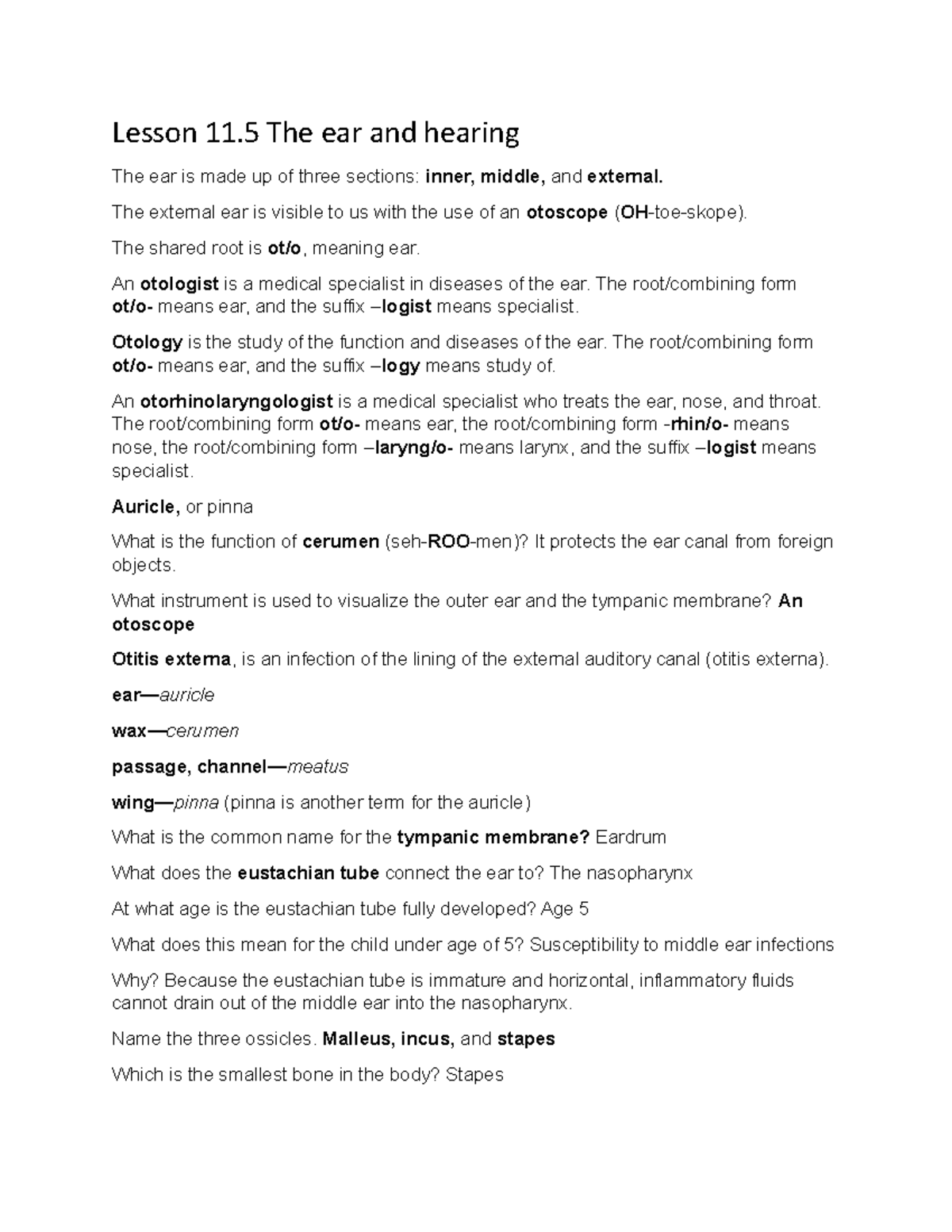 Lesson 11.5 The ear and hearing - Lesson 11 The ear and hearing The ear ...