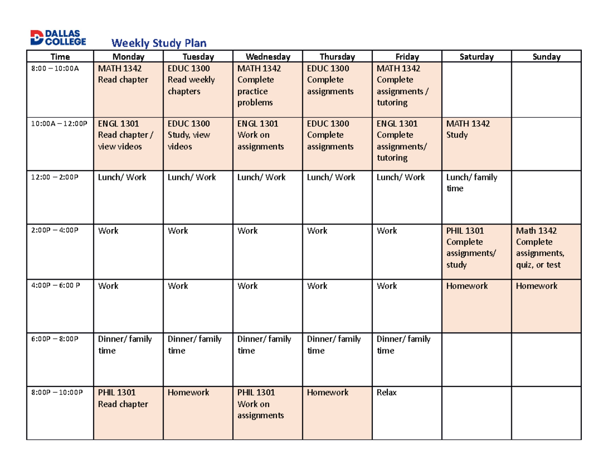 Weekly study plan worksheet example ada - Weekly Study Plan Time Monday ...