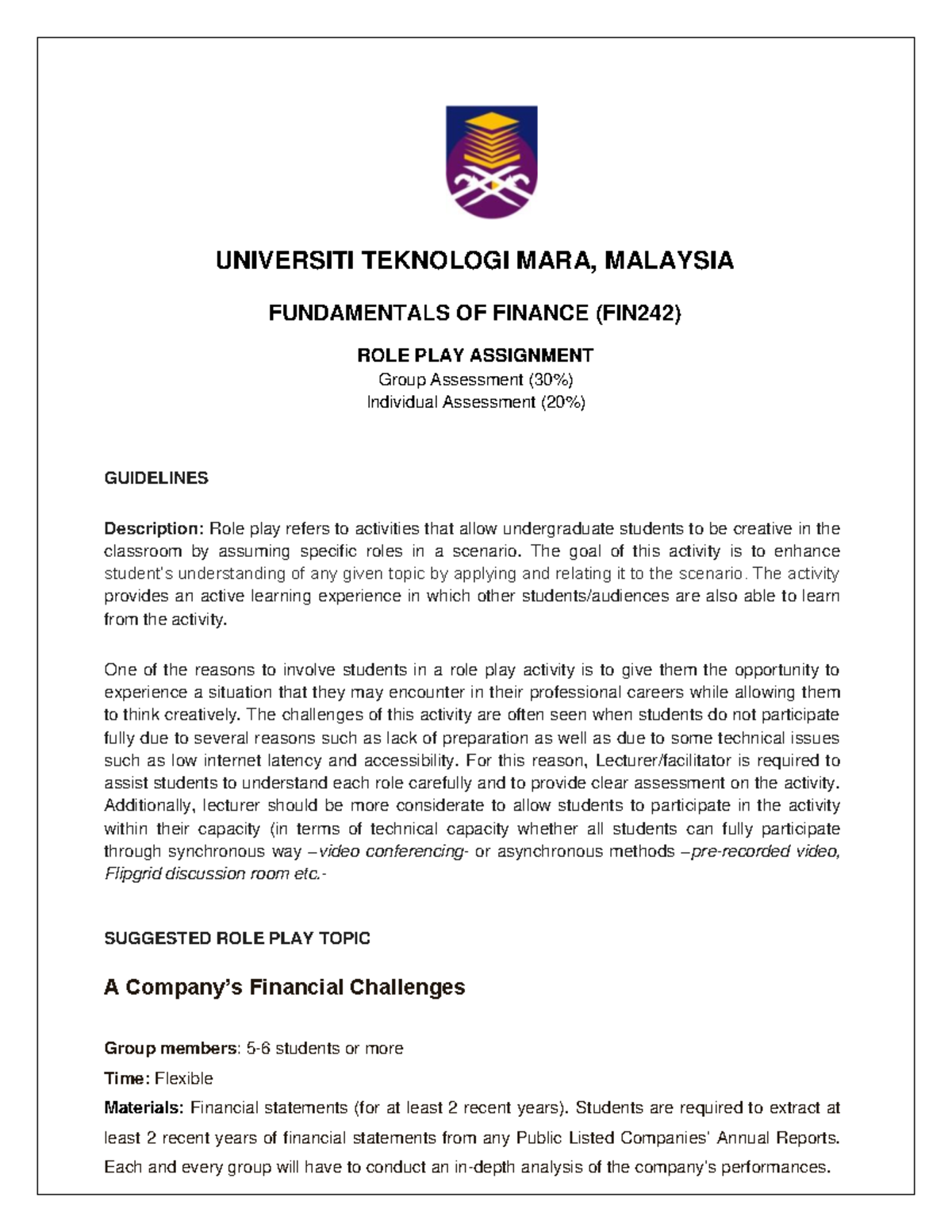 Instructional Guides for Assessment FIN242 - FUNDAMENTALS OF FINANCE ...