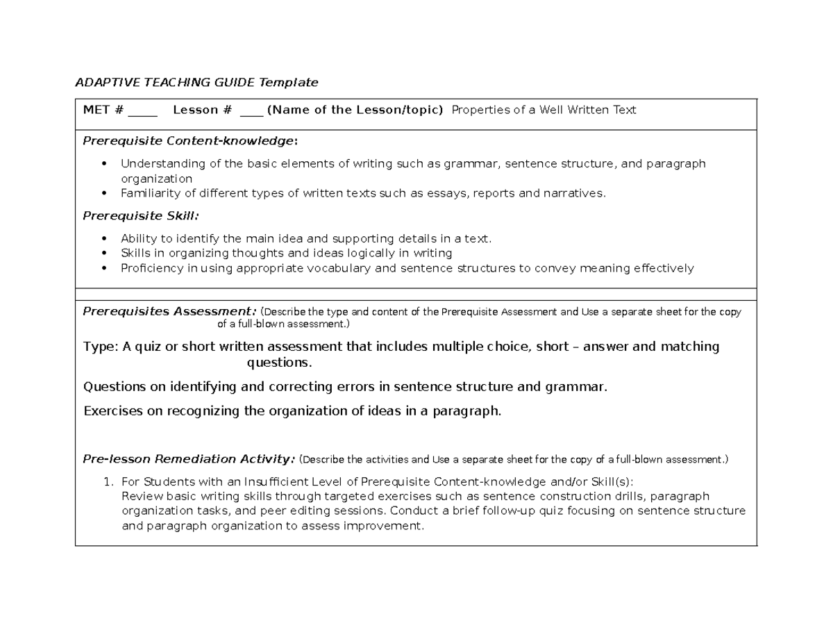 ATG R&W - Adaptive Teaching Guide - ADAPTIVE TEACHING GUIDE Template ...