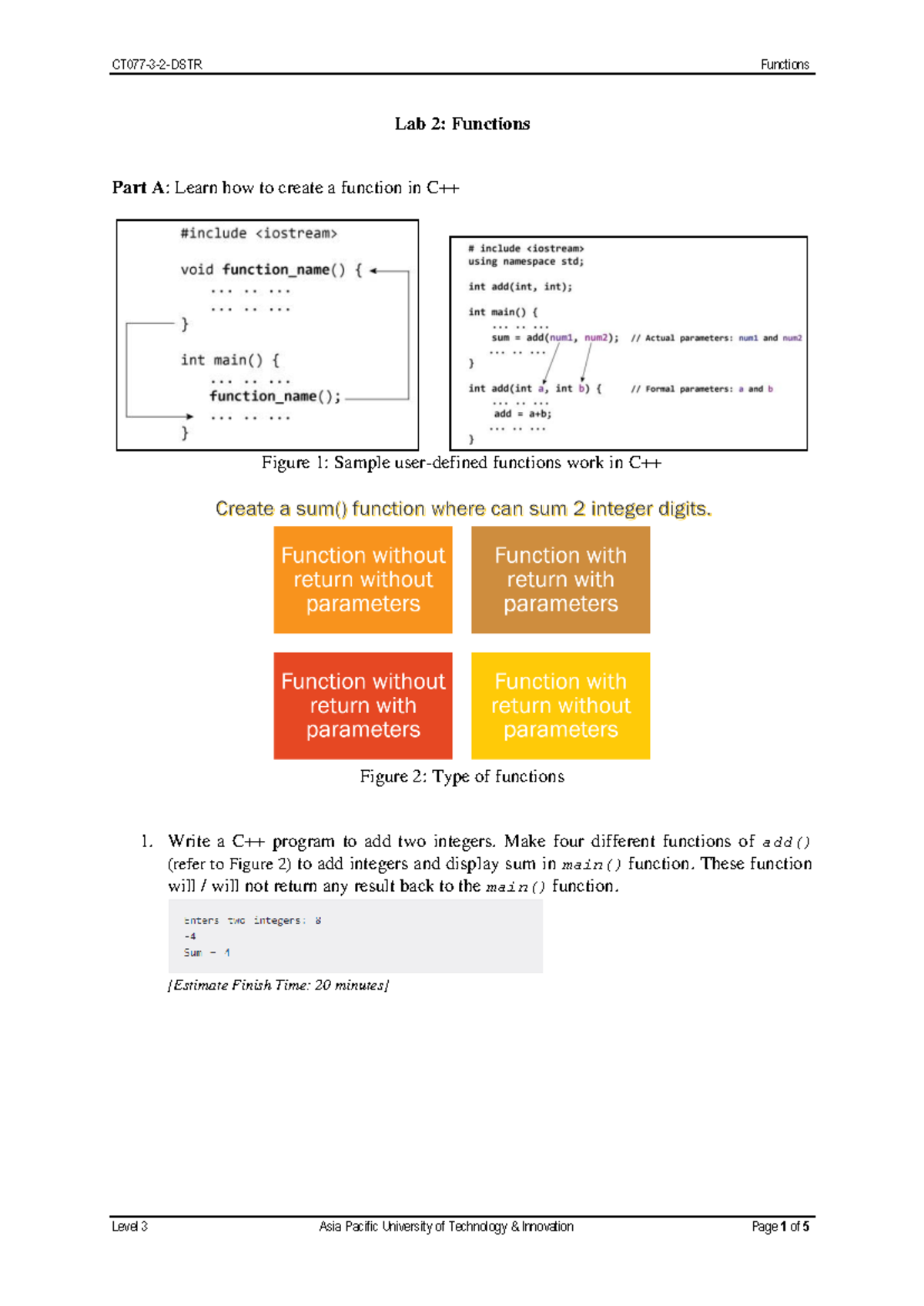 Lab 2 Function Lab 2 Functions Part A Learn How To Create A Function In C Figure 1