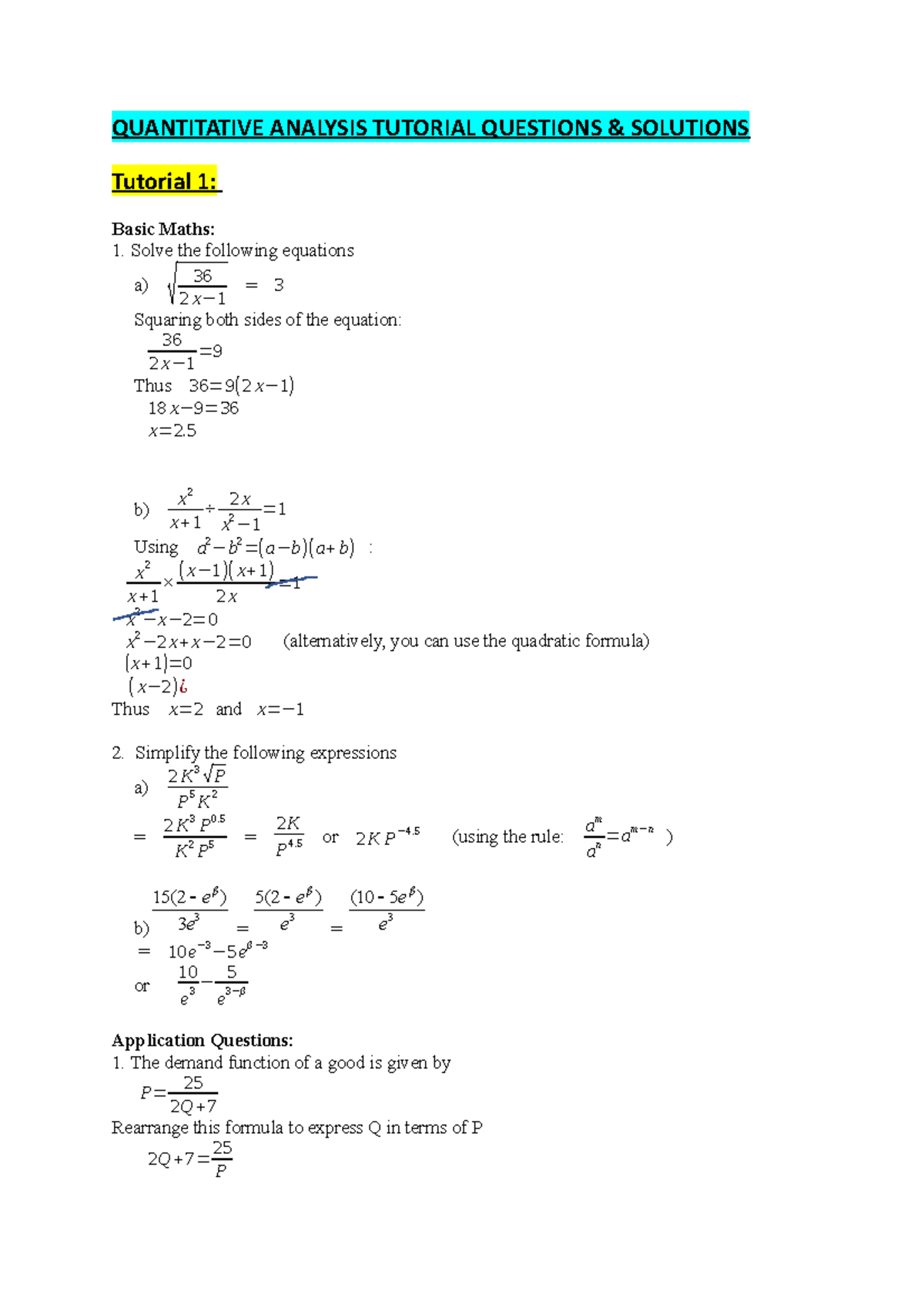 Quantitative Analysis Tutorial Questions Quantitative Analysis Tutorial Questions And Solutions