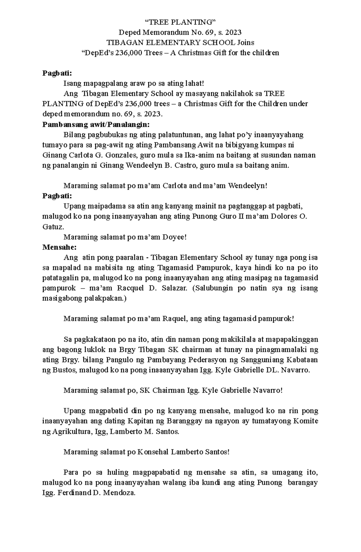 DEPED Tree Planting Script for Emcee - “TREE PLANTING” Deped Memorandum ...