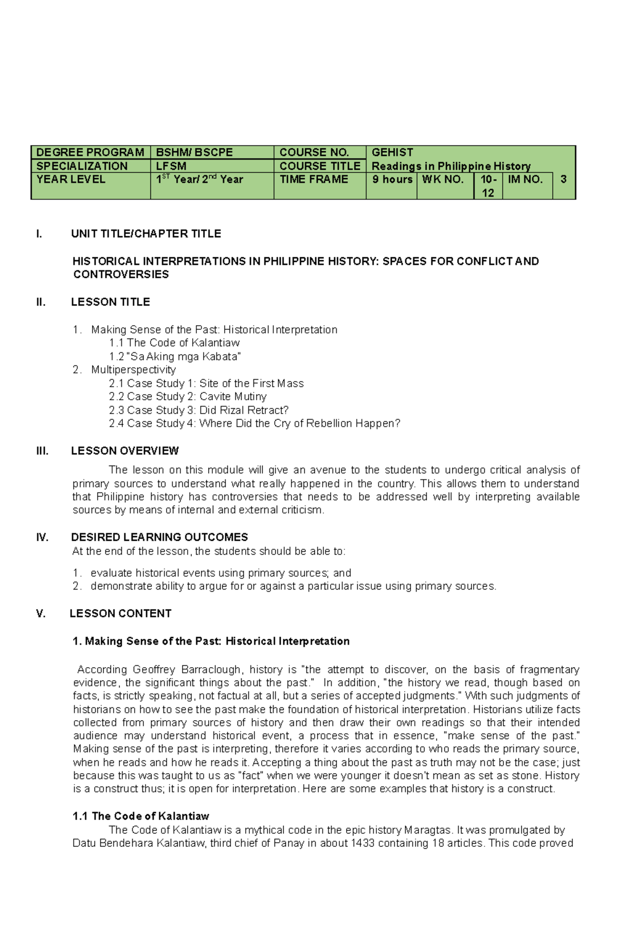 RPH Final Module revised - DEGREE PROGRAM BSHM/ BSCPE COURSE NO. GEHIST SPECIALIZATION LFSM ...