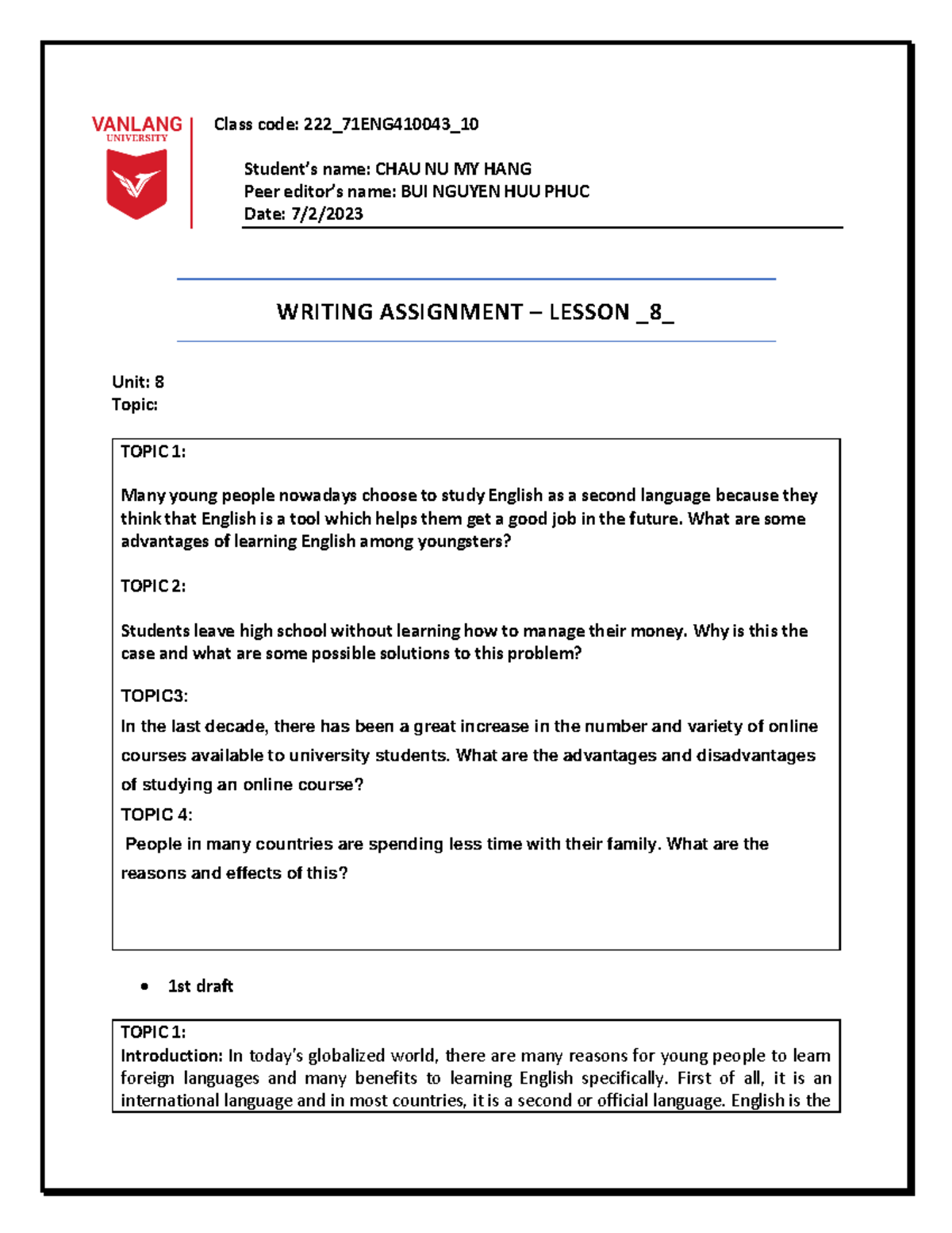 Template Writing assignment 8 - CHAU NU MY HANG - Class code: 222 ...