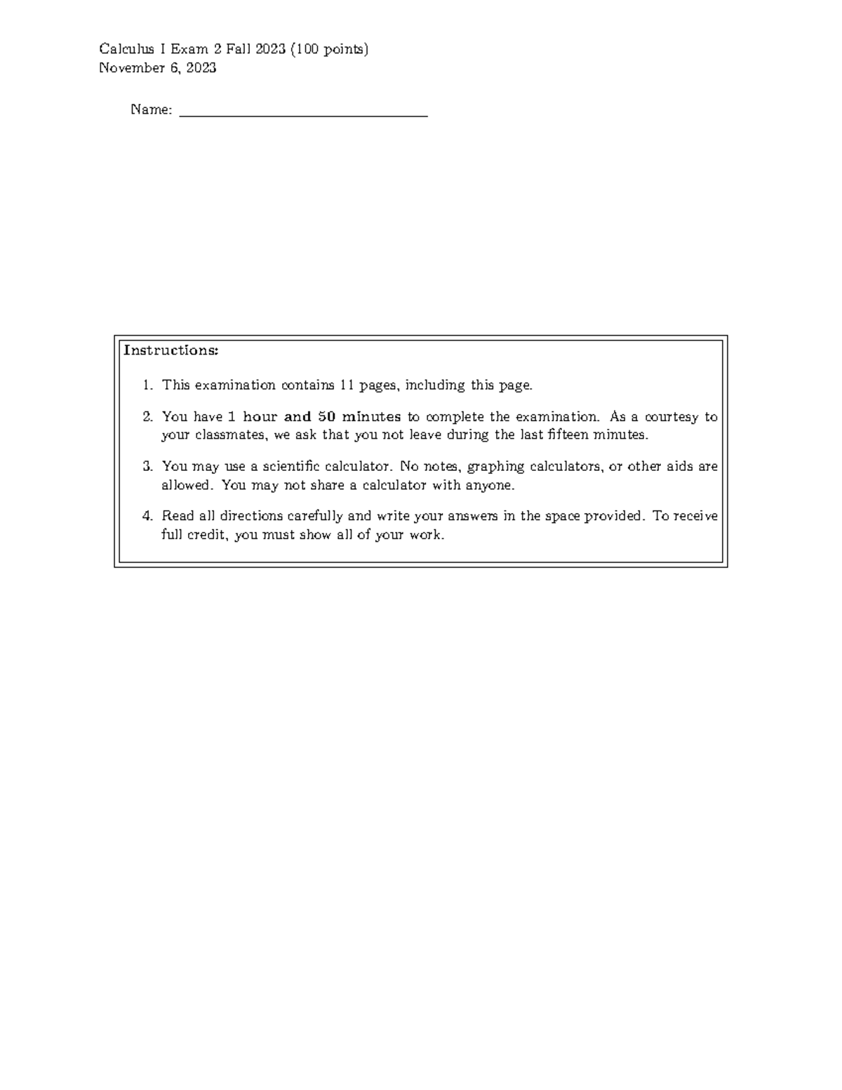 Exam2 Sol Exam 2 Solutions Calculus I Exam 2 Fall 2023 100 Points November 6 2023 Name