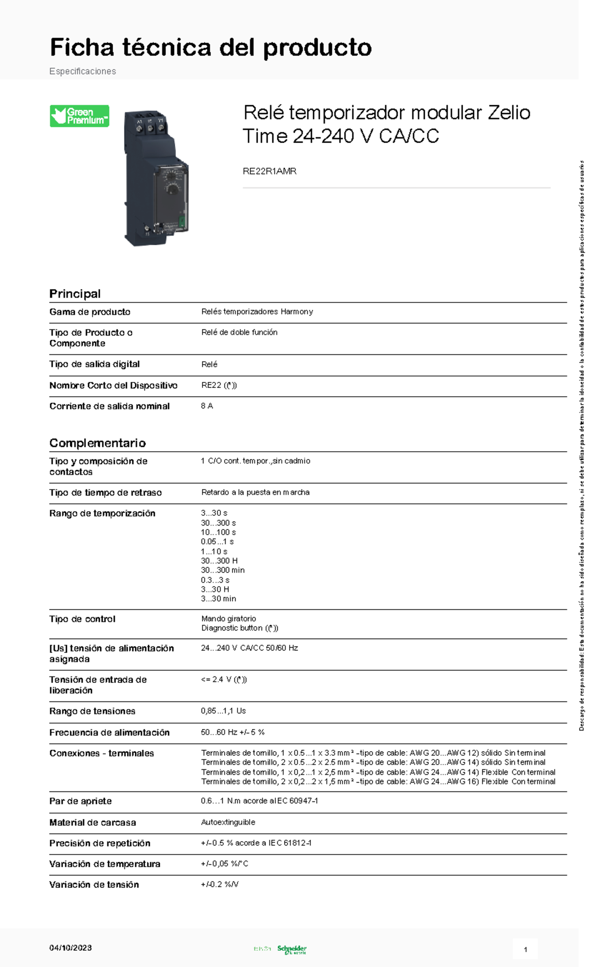 Relés Zelio Time RE22R1AMR - Ficha técnica del producto ...