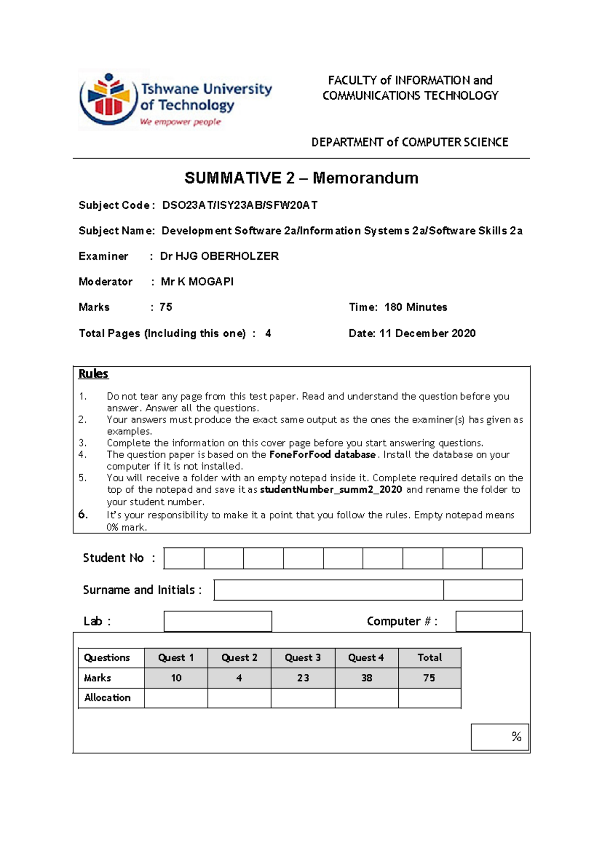 DSO23AT Summative Paper B MEMO - FACULTY of INFORMATION and ...