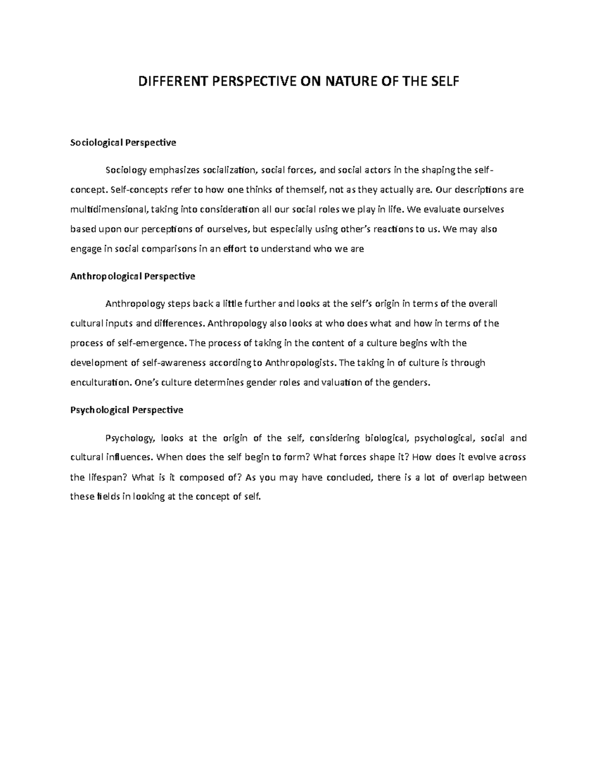 Different Perspective ON Nature OF THE SELF - DIFFERENT PERSPECTIVE ON ...