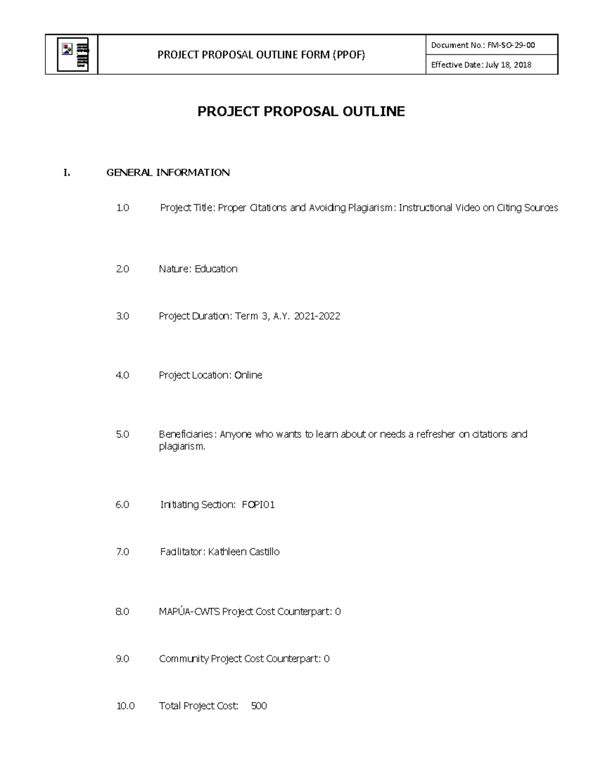 CWTS102-Project Proposal Outline - Civic Welfare Training Service 102 ...