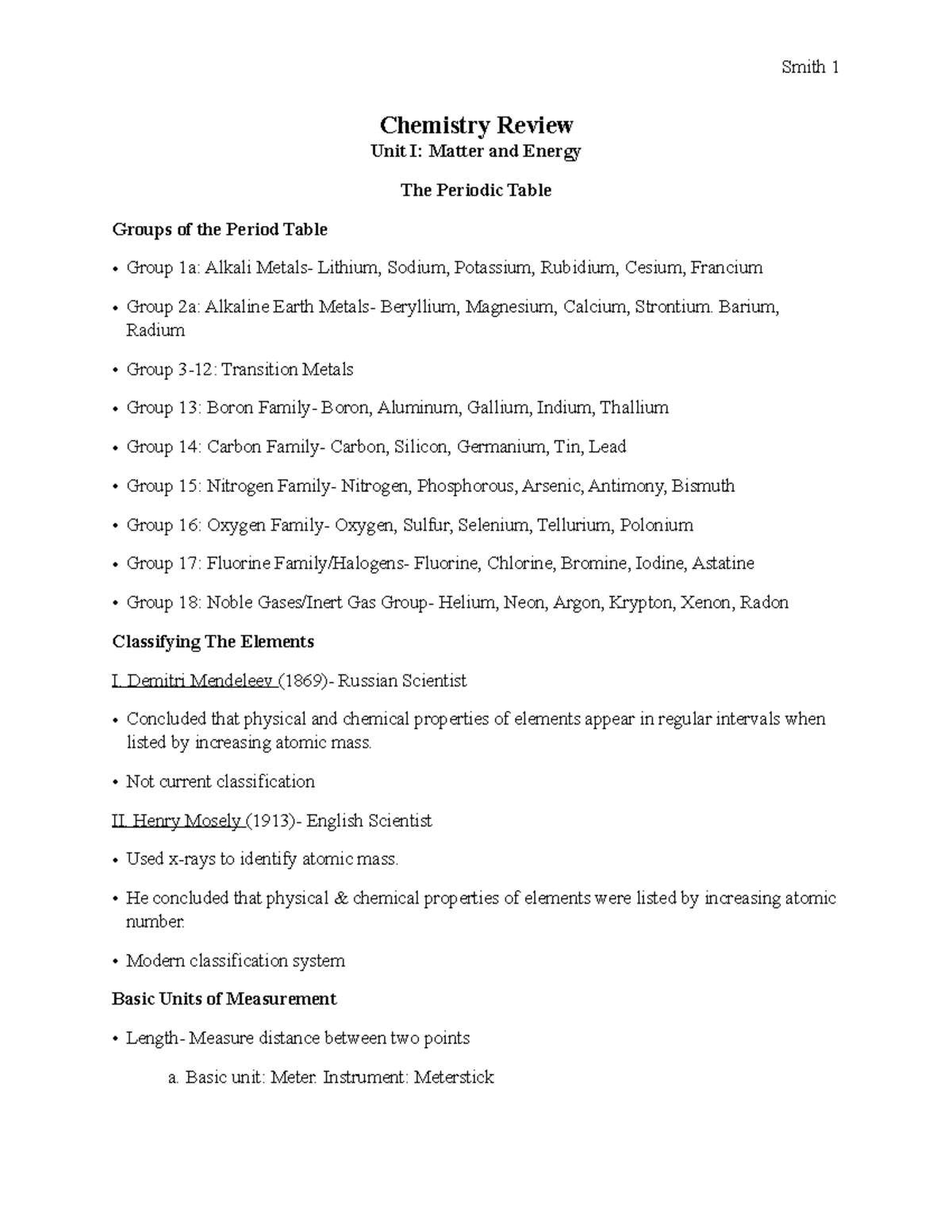 Chemistry Review-Smith - Chemistry Review Unit I: Matter and Energy The ...