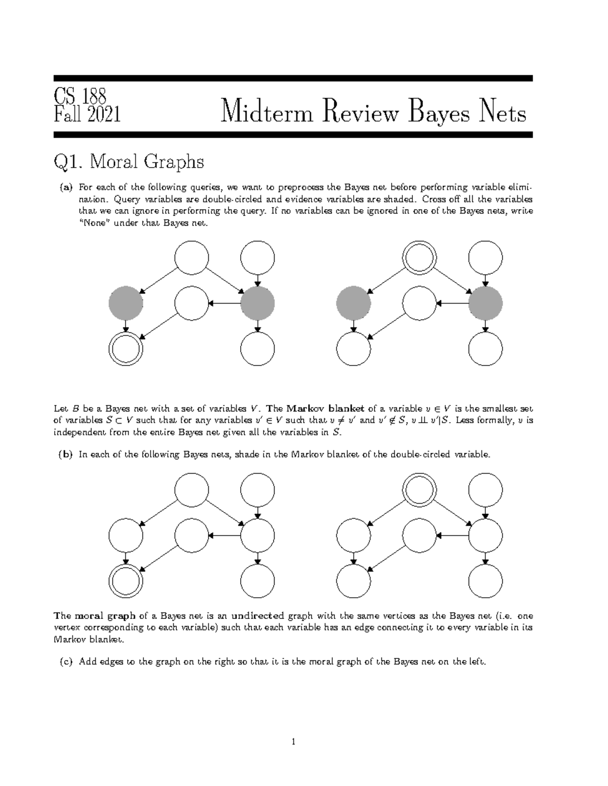 Mt bayes - CS 188 Fall 2021 Midterm Review Bayes Nets Q1. Moral Graphs (a) For each of the ...