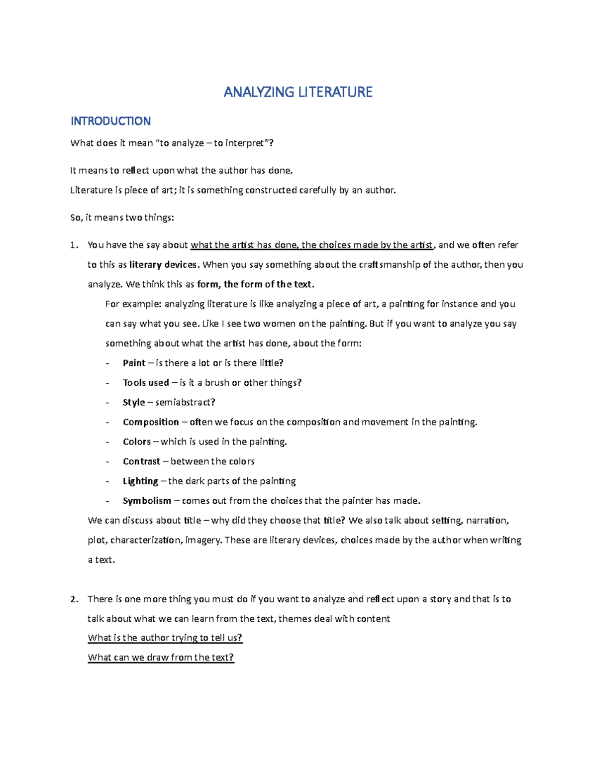 Analyzing literature - ANALYZING LITERATURE INTRODUCTION What does it ...