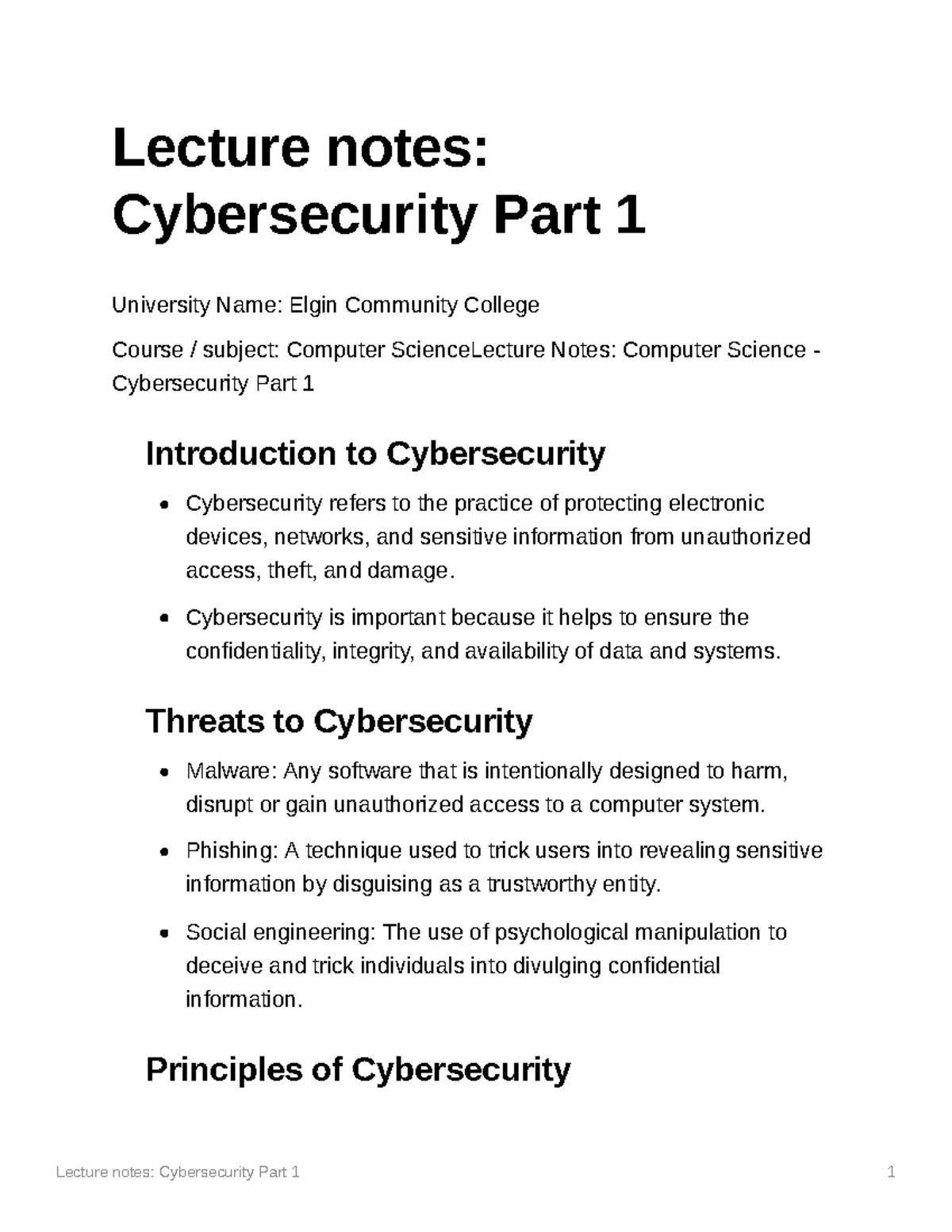 Lecture Notes Cybersecurity Part 1 Lecture Notes Cybersecurity Part 1 University Name Elgin