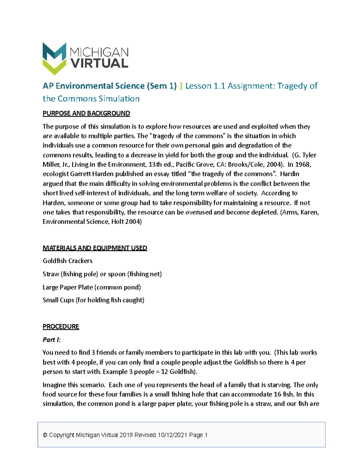 1 - APES - AP Environmental Science (Sem 1) | Lesson 1 Assignment ...