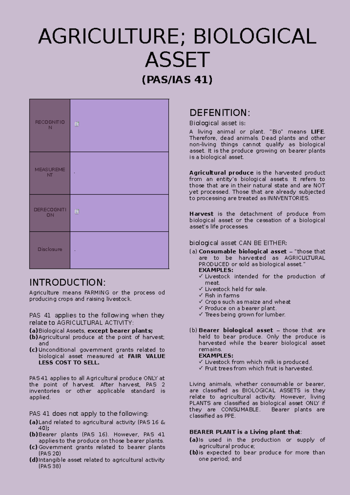 Agriculture PAS 41 - notes - AGRICULTURE; BIOLOGICAL ASSET (PAS/IAS 41 ...