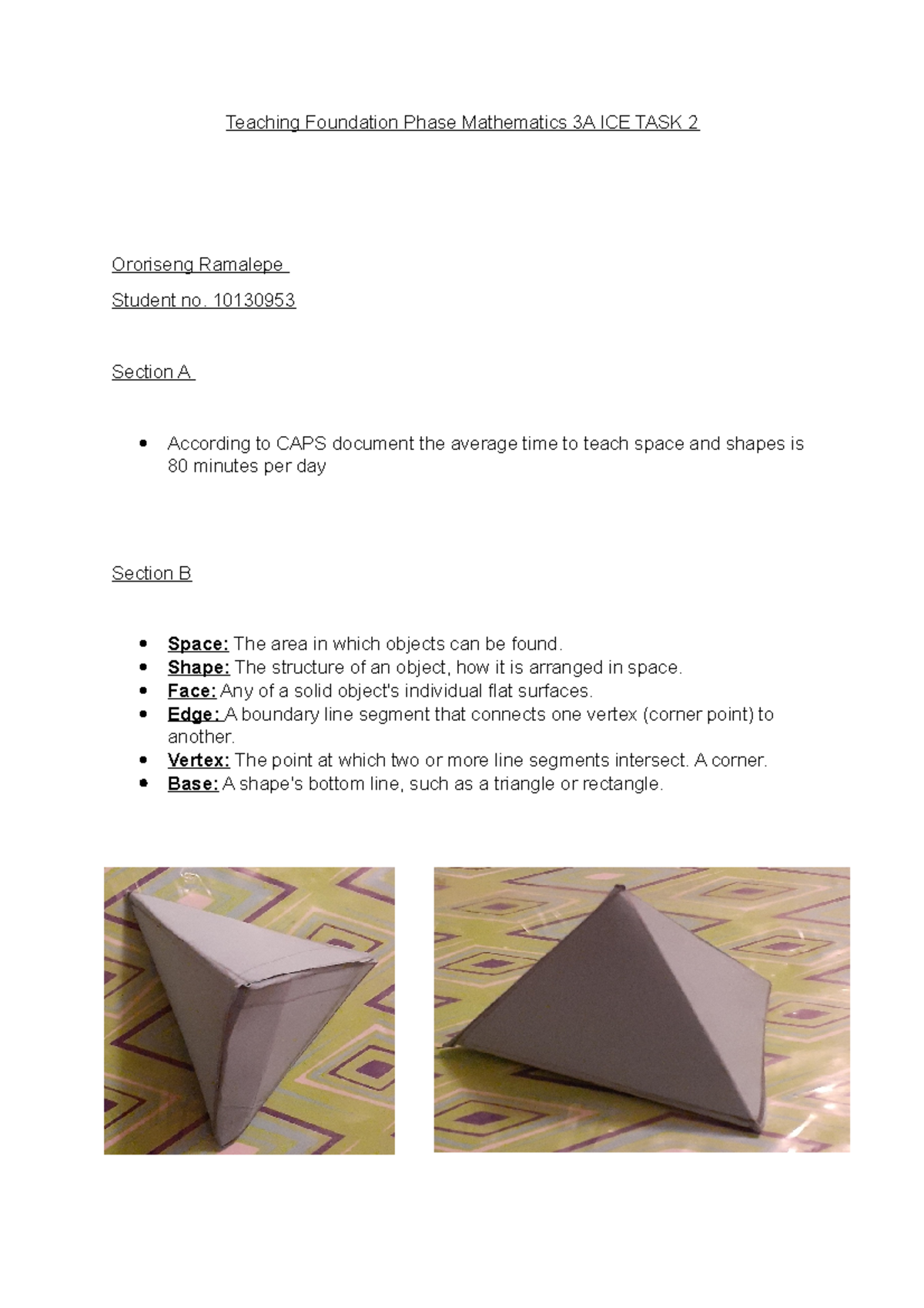 Teaching Foundation Phase Mathematics 3A ICE TASK 2 - 10130953 Section ...