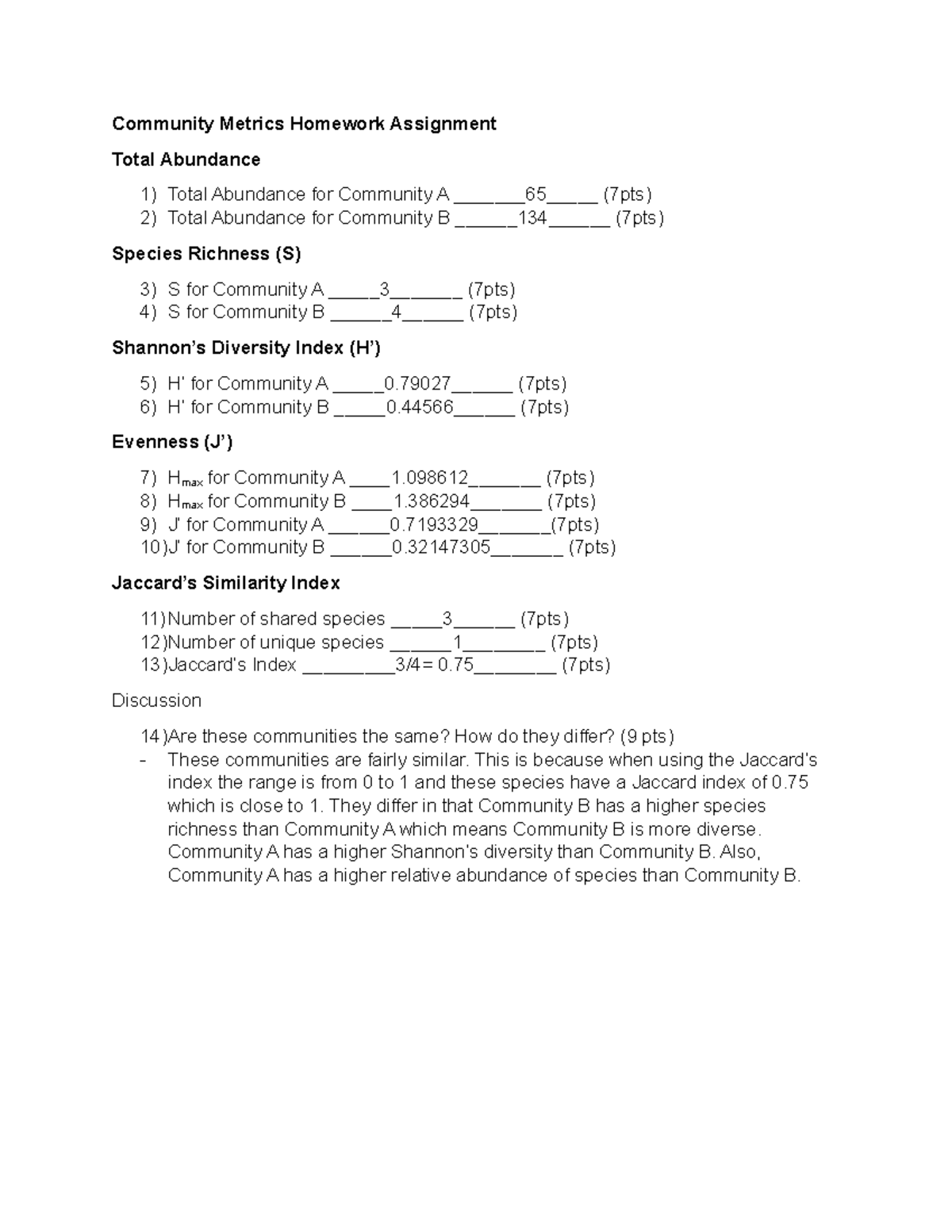 Disturbance and Community Answersheet - Community Metrics Homework ...