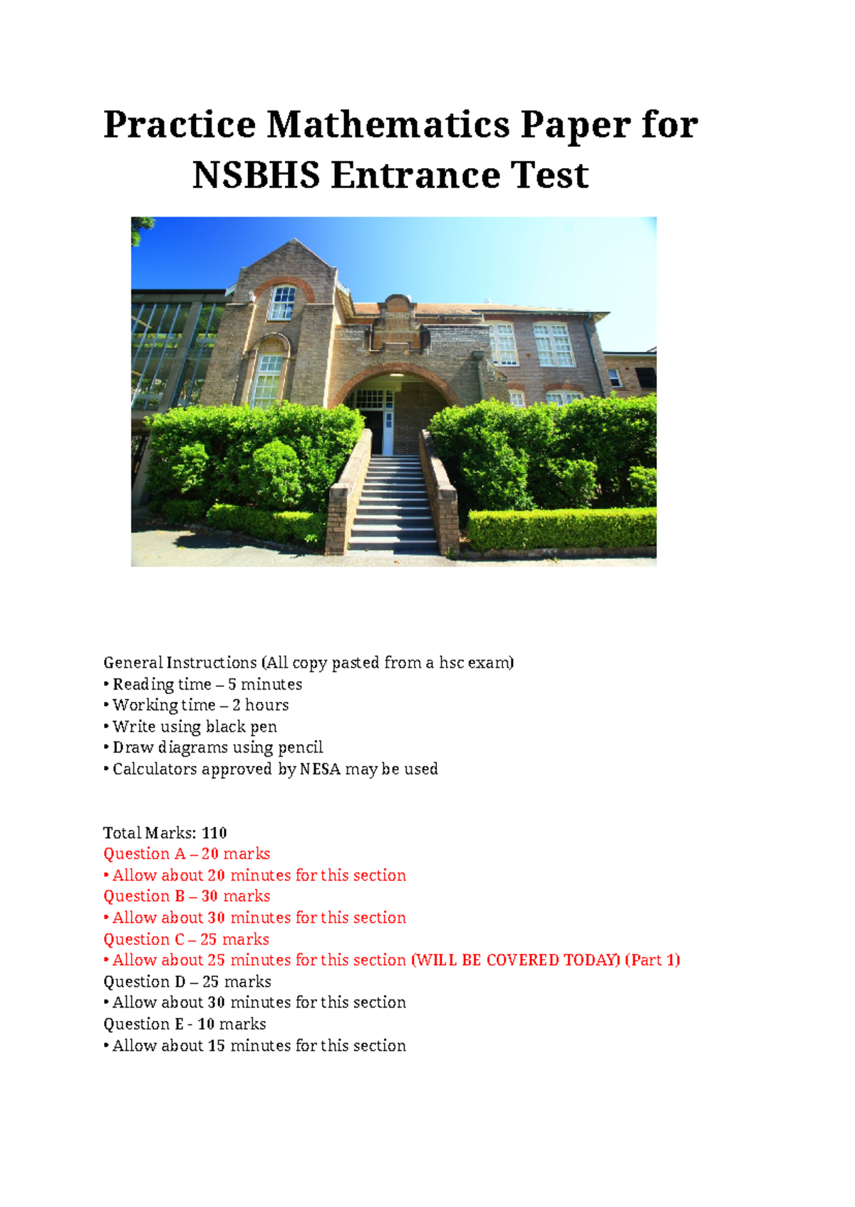 Private Math Tutoring Paper - Practice Mathematics Paper for - NSBHS ...