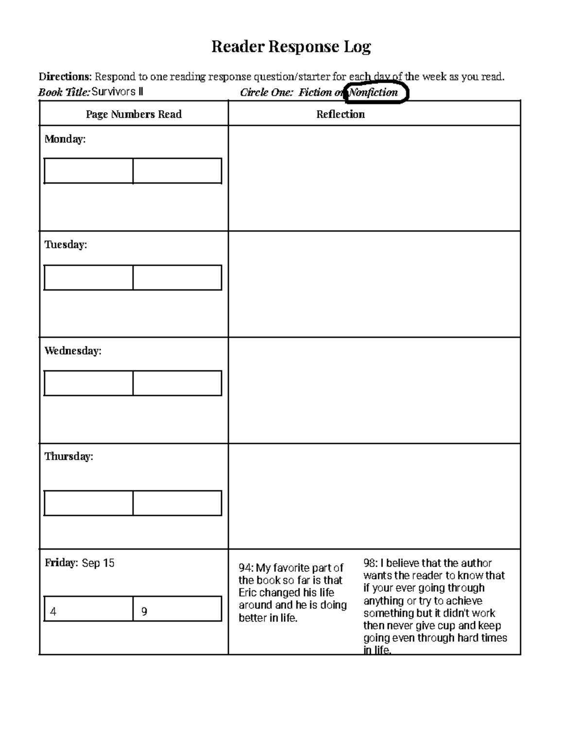 Weekly Reader Response Log2023 - Reader Response Log Directions ...